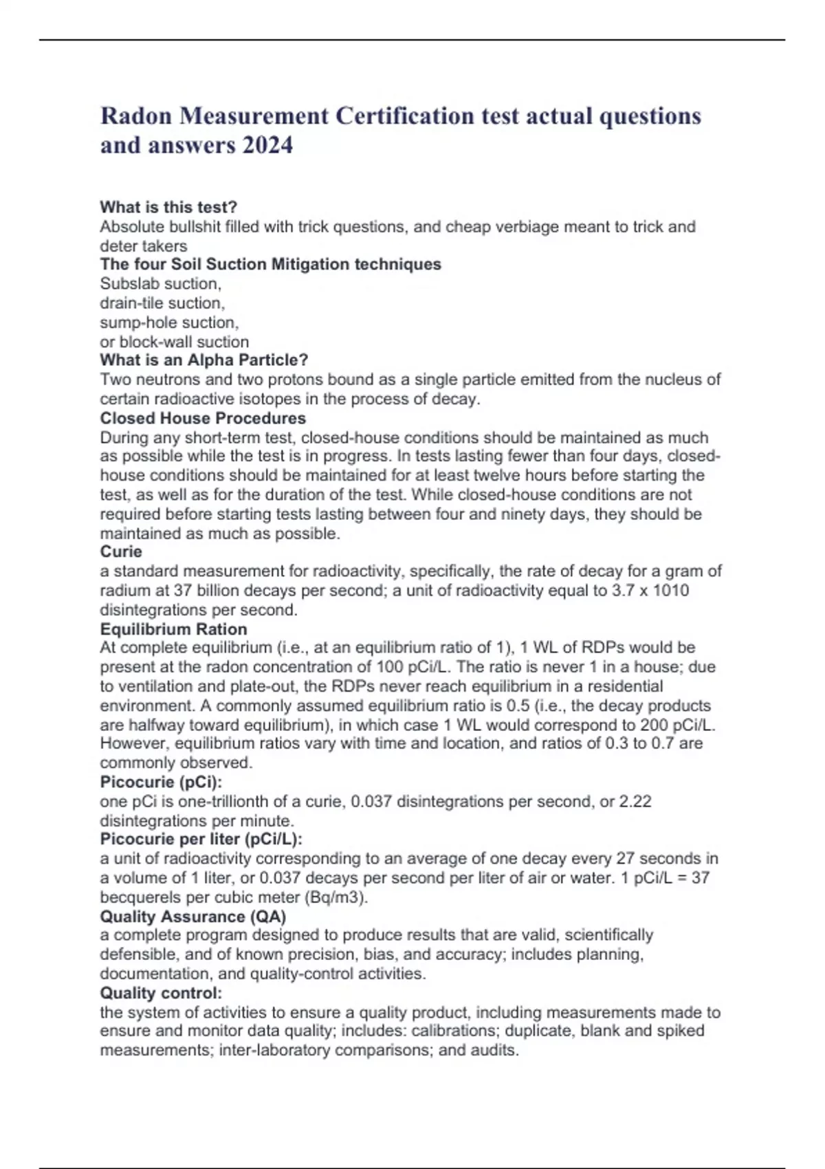Radon Measurement Certification test actual questions and answers 2024 ...