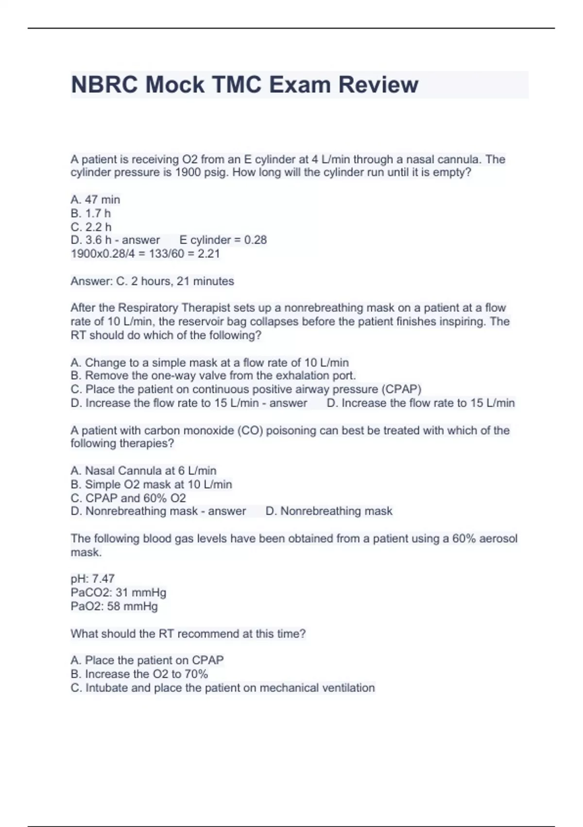 NBRC Mock TMC Exam Review Questions and Answers 100% Accurate - TMC ...