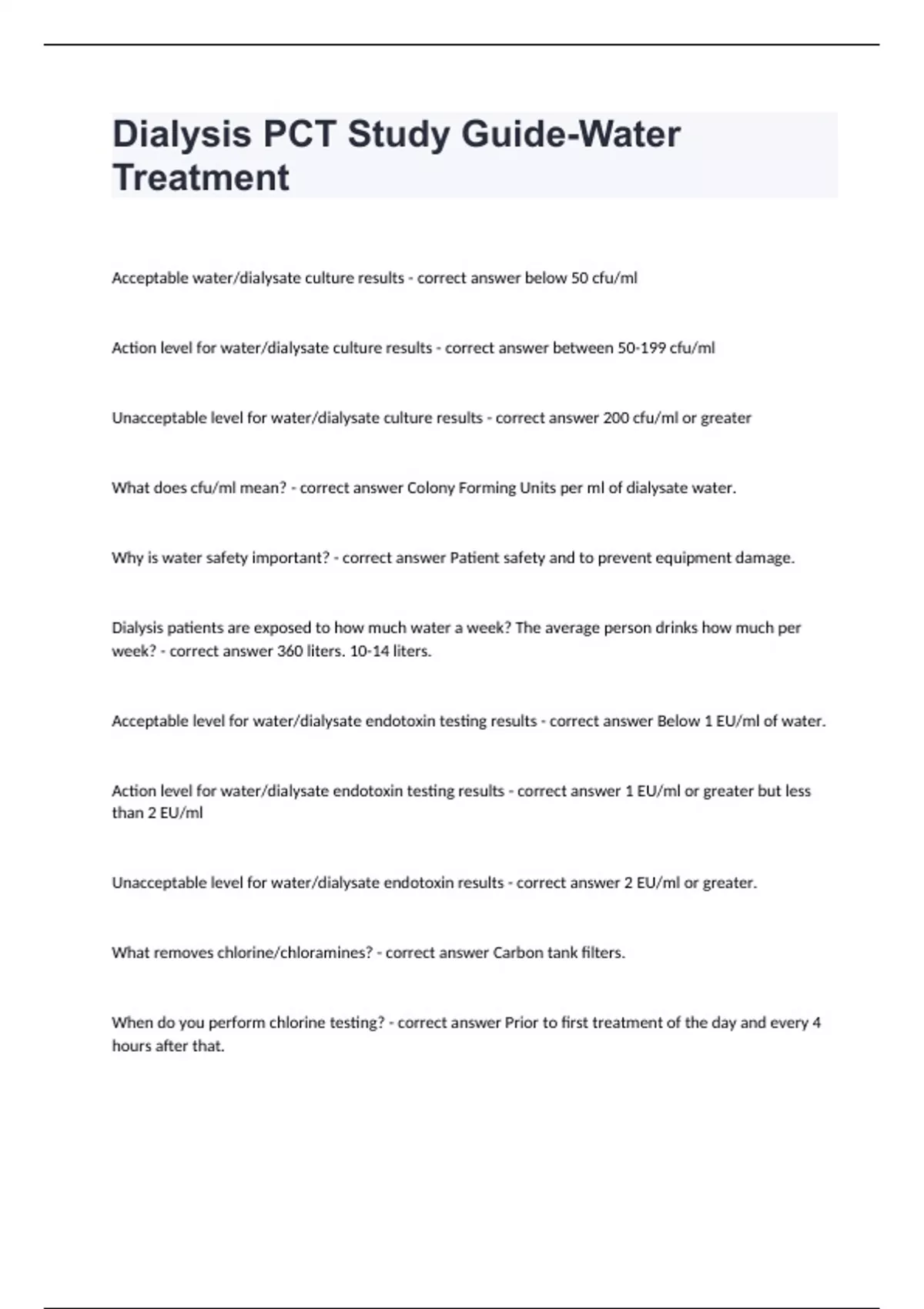 Dialysis PCT Study Guide-Water Treatment with answers graded A+ 2024/ ...