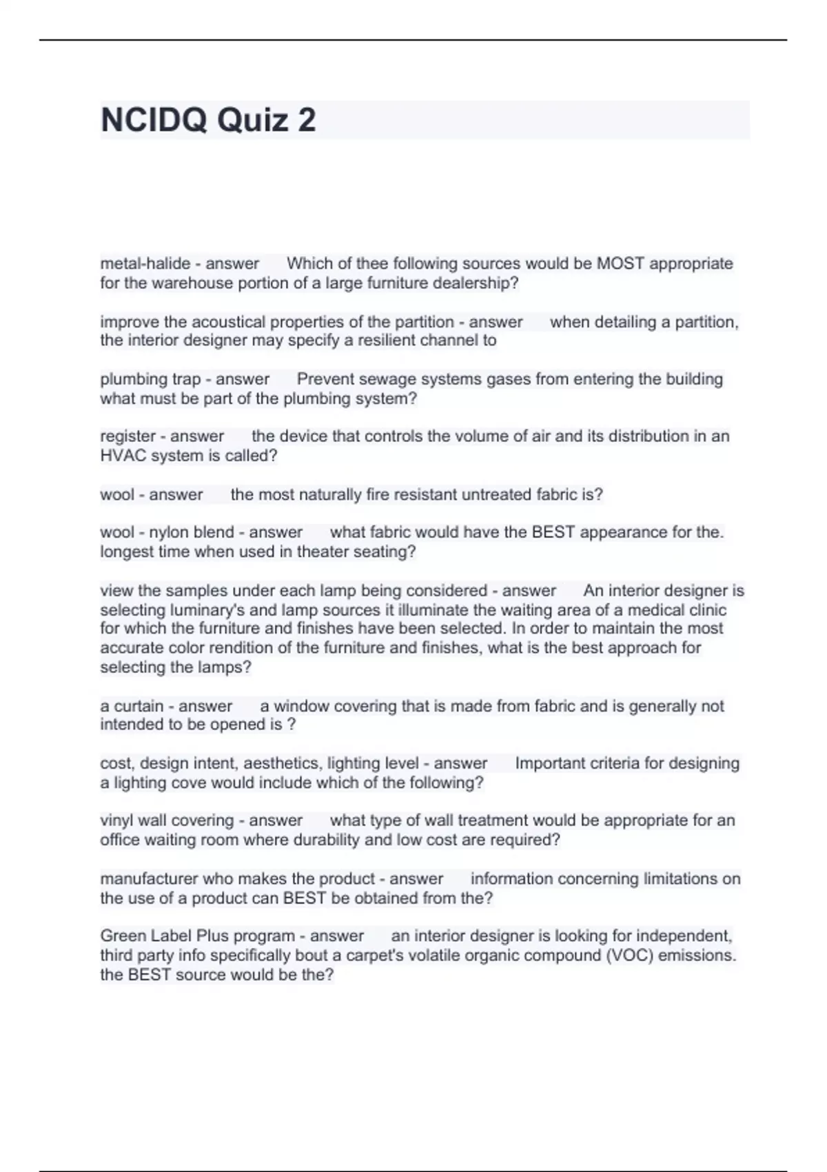 NCIDQ Quiz 2 Questions and Answers 100% Solved - NCIDQ - Stuvia US