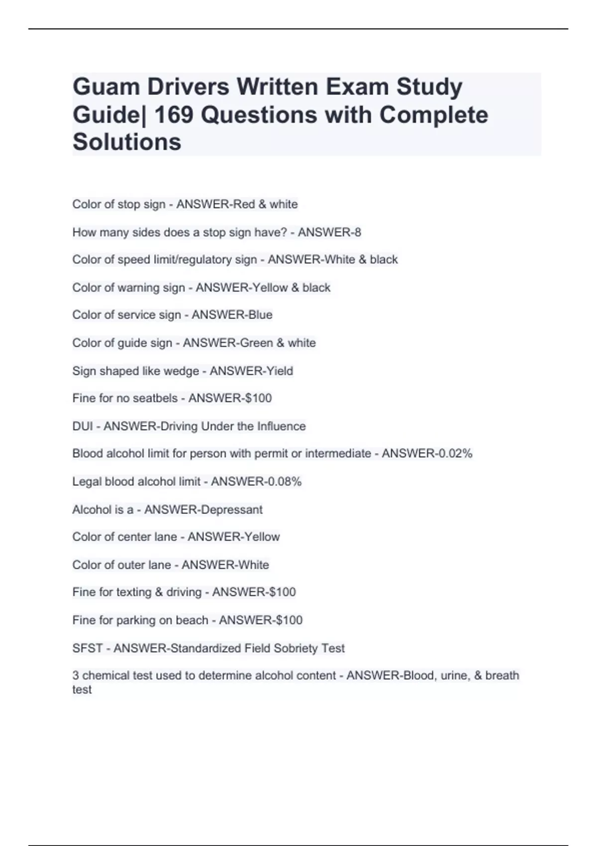 Guam Drivers Written Exam Study Guide| 169 Questions with Complete ...