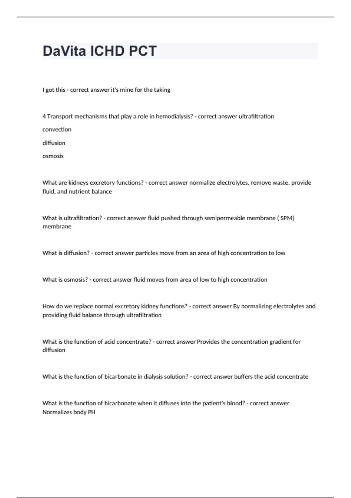 DaVita ICHD PCT questions with answers graded A+ 2024/2025 - Davita ...