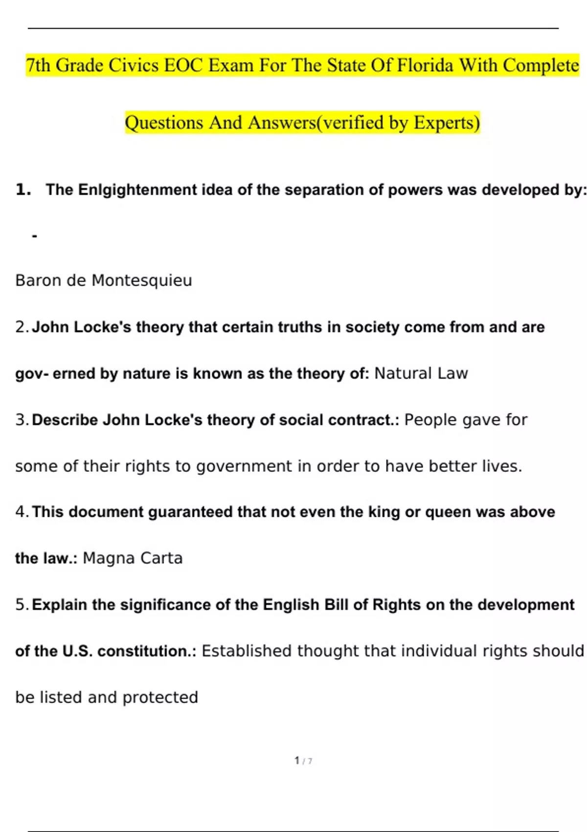 7th Grade Civics EOC Full Review Questions And Correct Answers | 100% ...