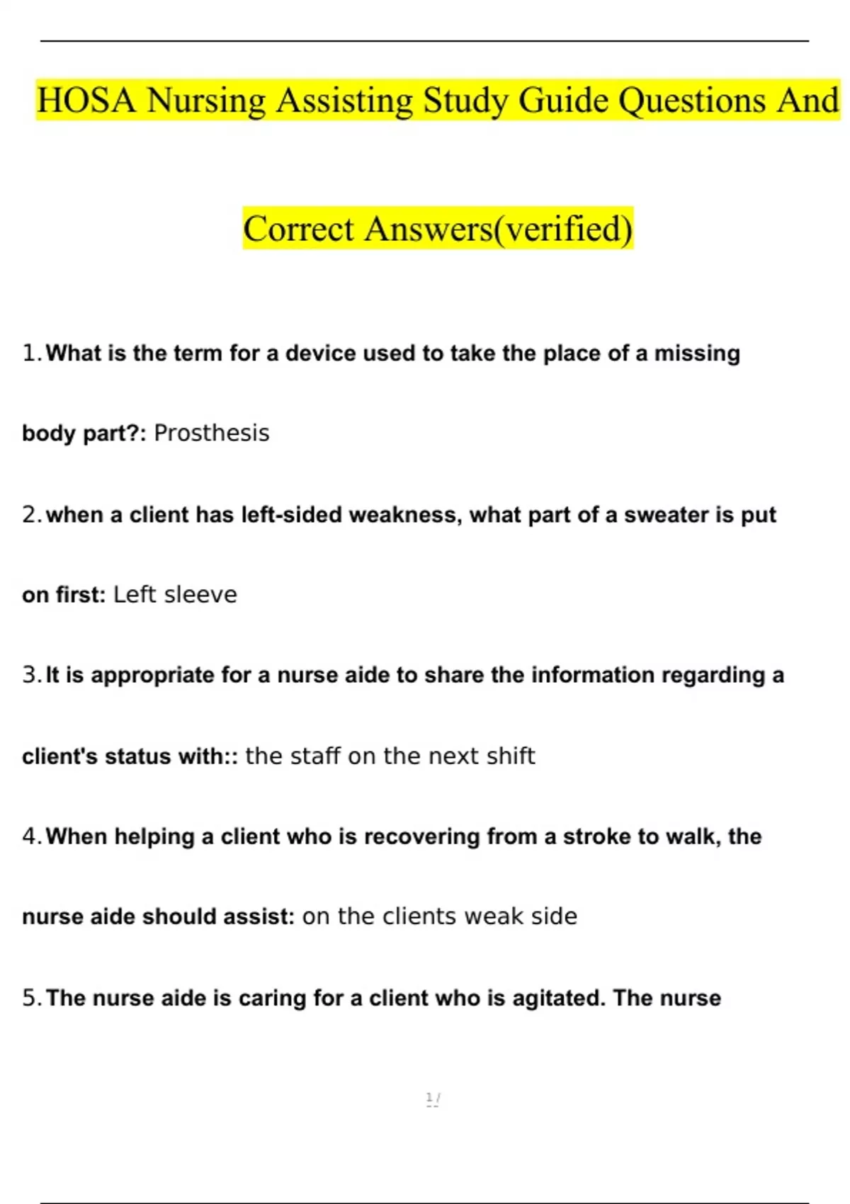 HOSA Nursing Assisting Study Guide ALL SOLUTION & ANSWERS 100% CORRECT SPRING FALL-2024/2025 ...