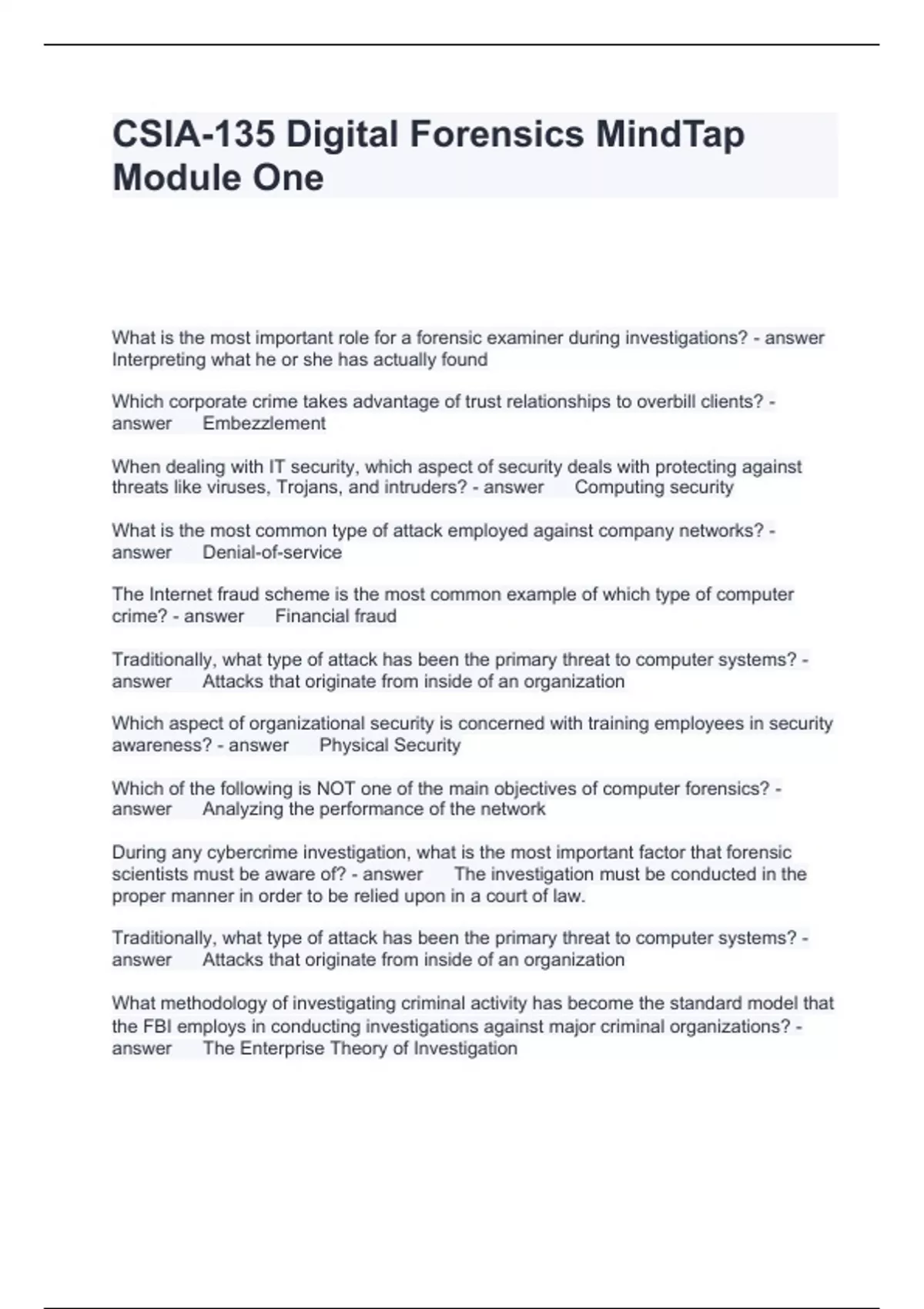 CSIA-135 Digital Forensics MindTap Module One Questions with correct Answers 2024 - CSIA - Stuvia US