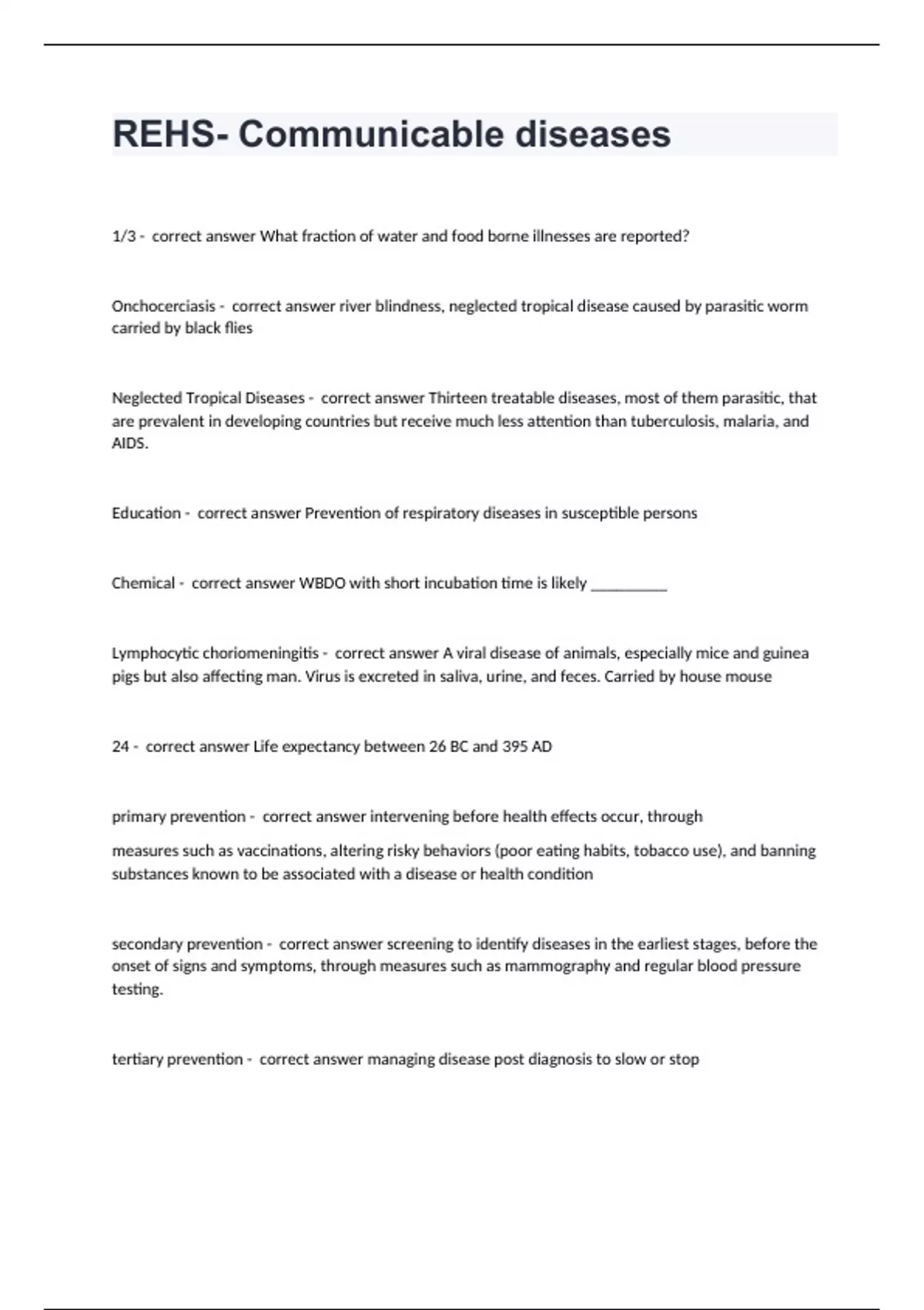 REHS- Communicable diseases questions with answers 2024/2025 - REHS ...