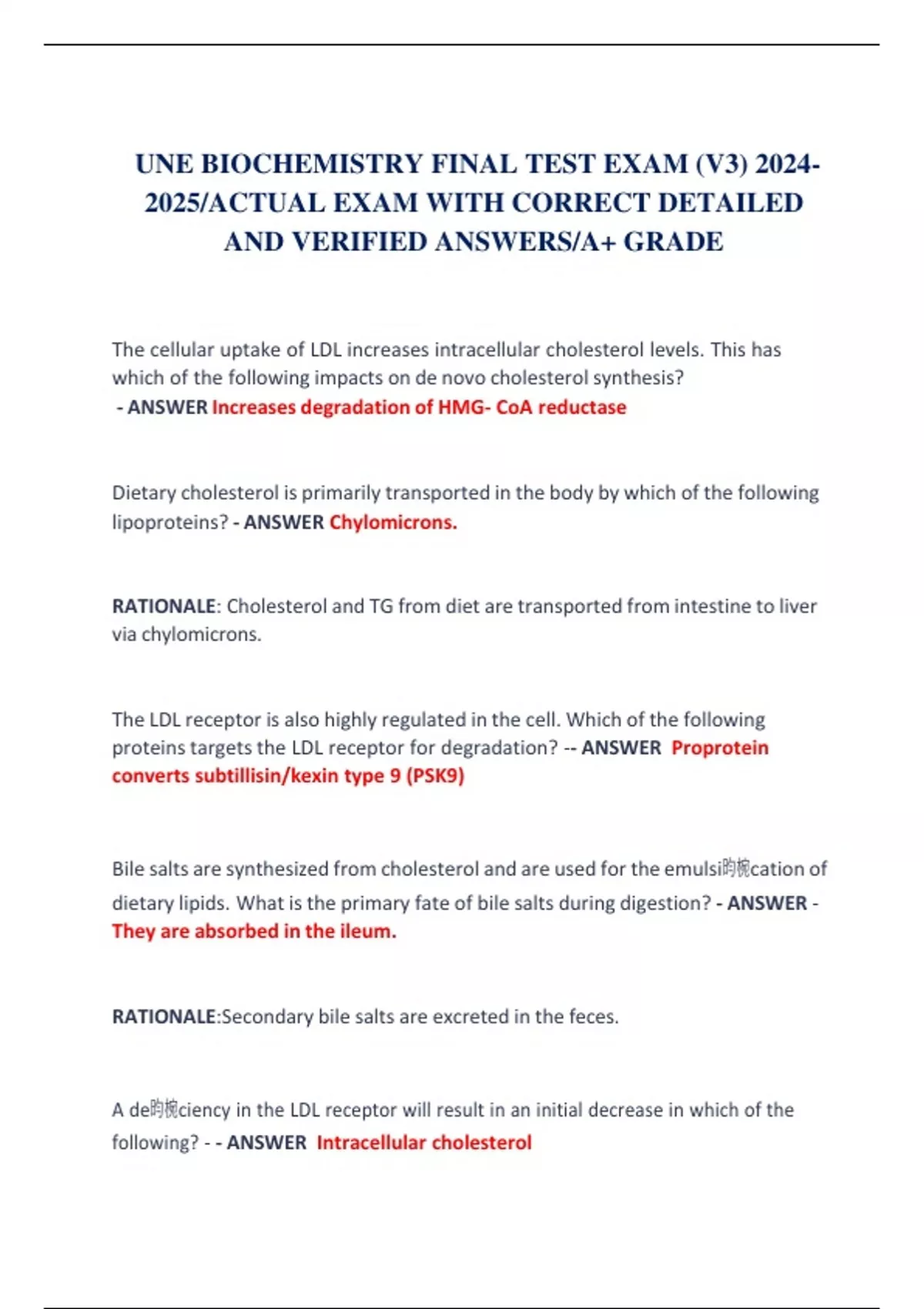 UNE BIOCHEMISTRY FINAL TEST EXAM (V3) /ACTUAL EXAM WITH CORRECT ...