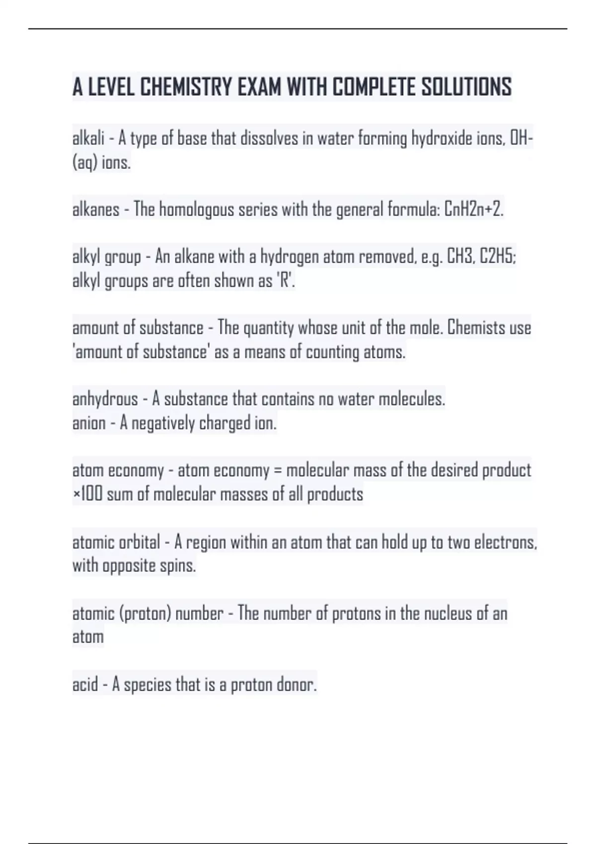A LEVEL CHEMISTRY EXAM WITH COMPLETE SOLUTIONS alkali - A type of base ...