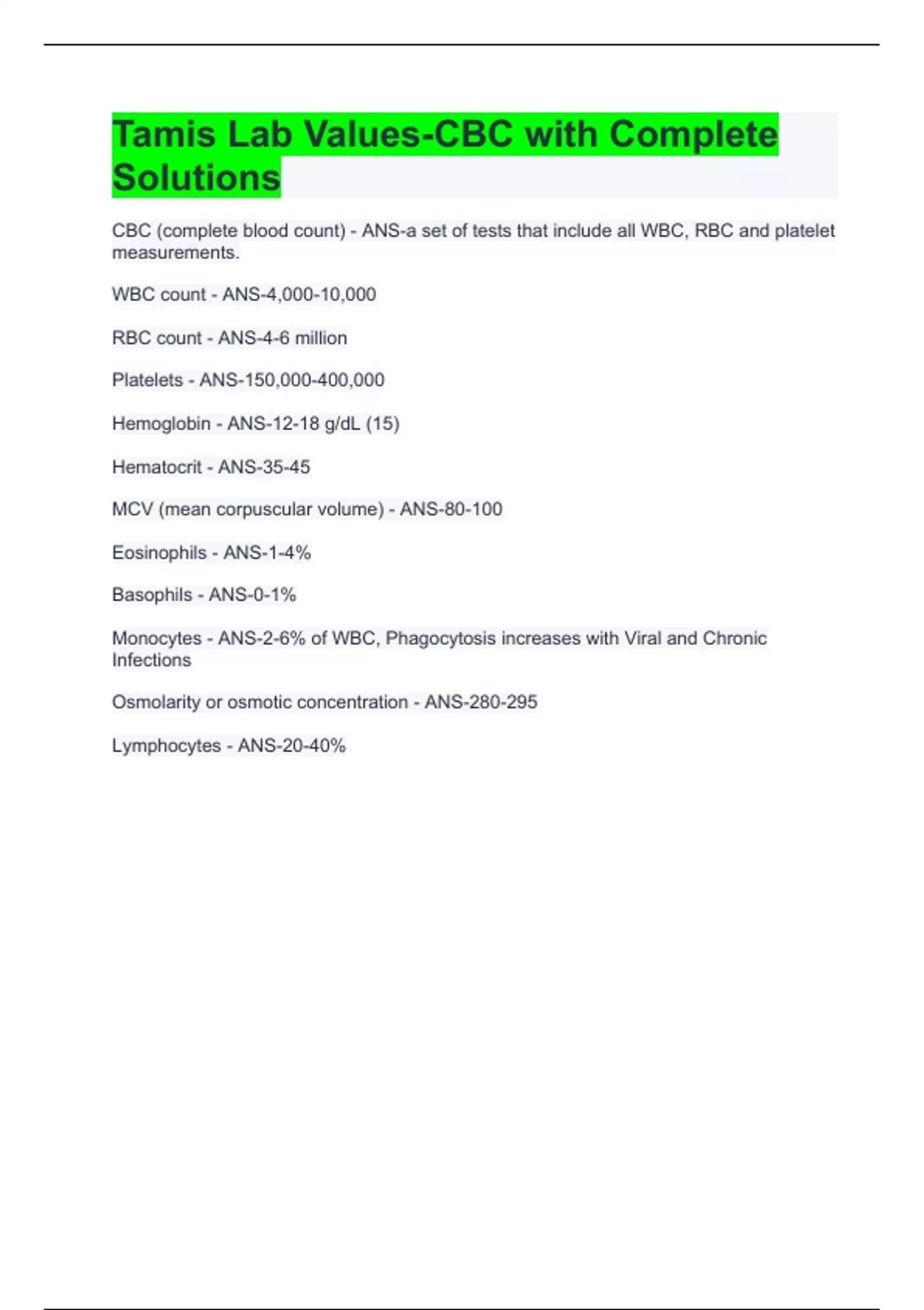 Tamis Lab Values-CBC with Complete Solutions - Tamis - Stuvia US