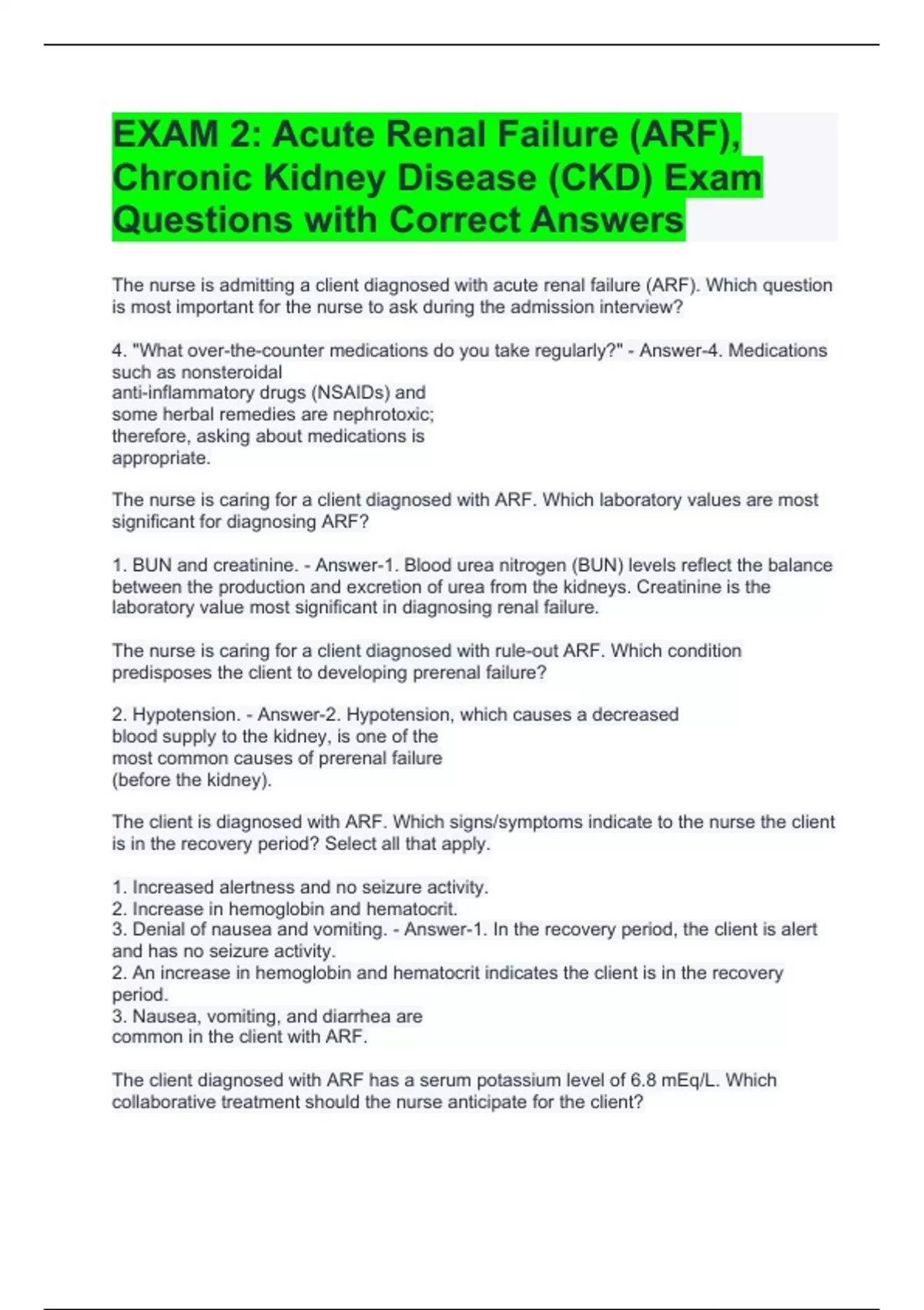 EXAM 2: Acute Renal Failure (ARF), Chronic Kidney Disease (CKD) Exam ...