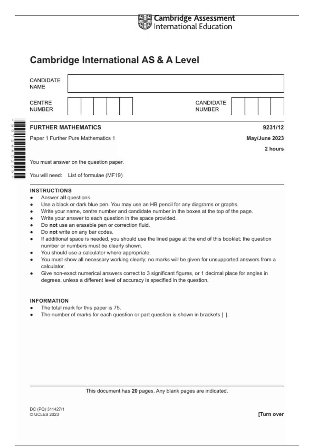 As & A Level Further Mathematics 9231/12 paper 1 Further Pure ...
