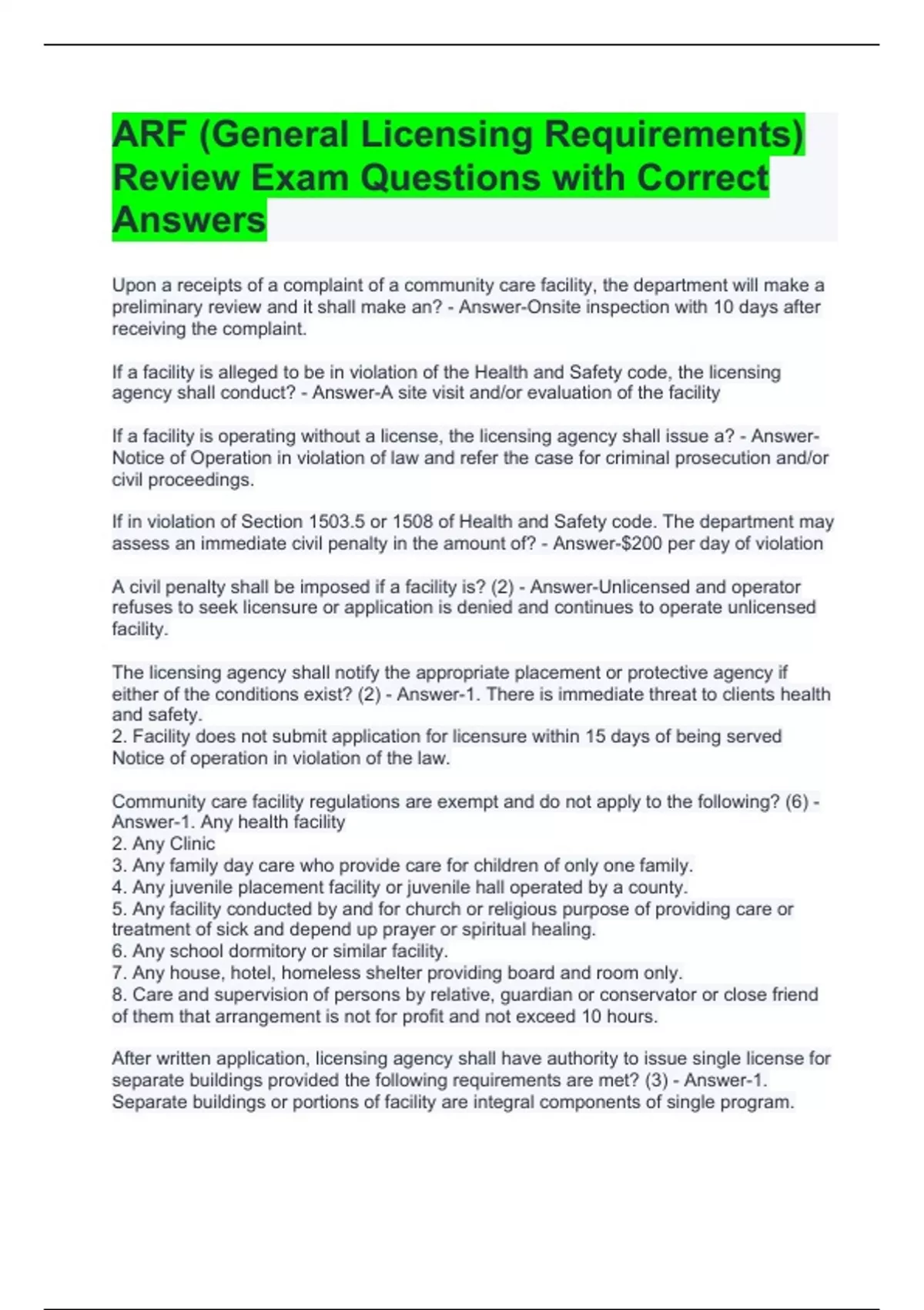 ARF (General Licensing Requirements) Review Exam Questions with Correct ...