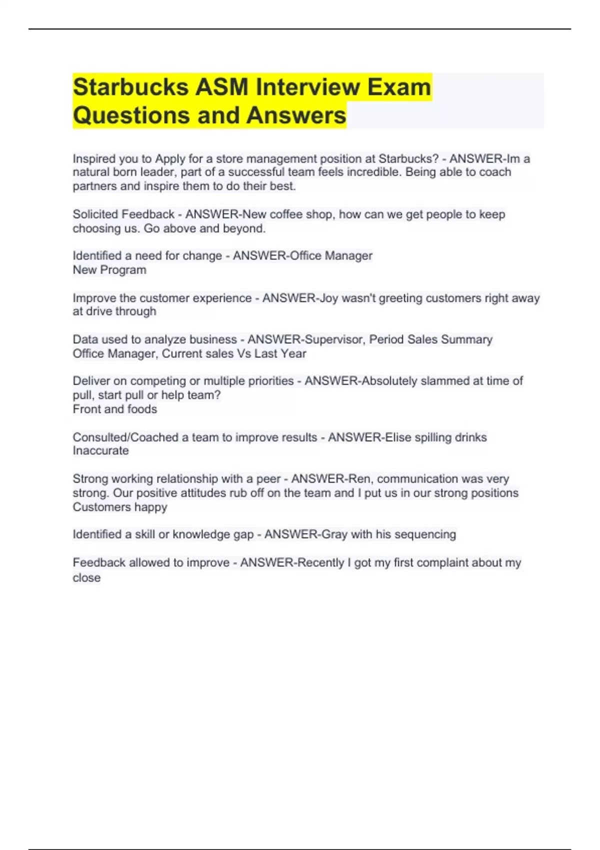 Starbucks ASM Interview Exam Questions and Answers - ASM - Stuvia US