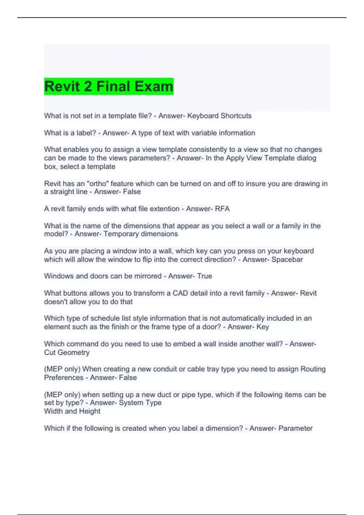 Revit 2 Final Exam Questions and Answers 2024 - REVIT - Stuvia US