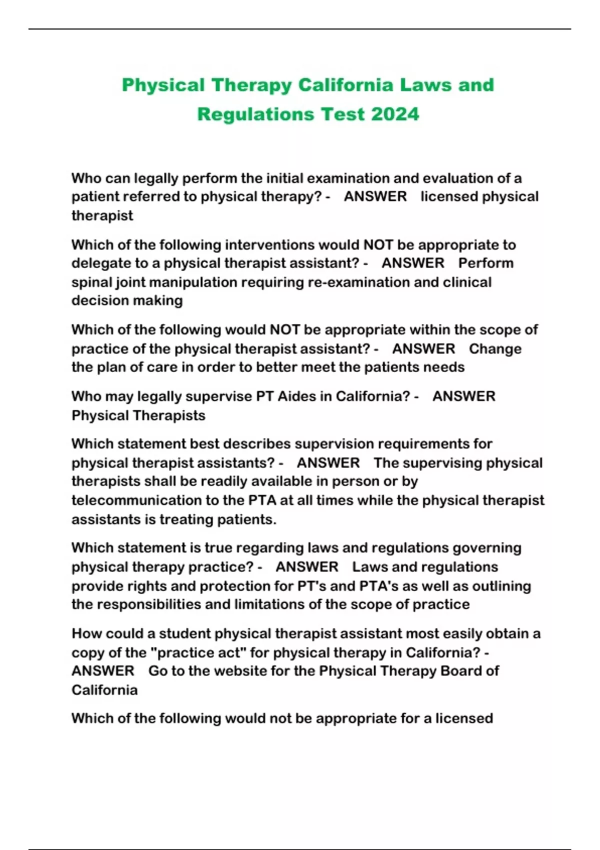 Physical Therapy California Laws and Regulations Test 2024 - Physical ...