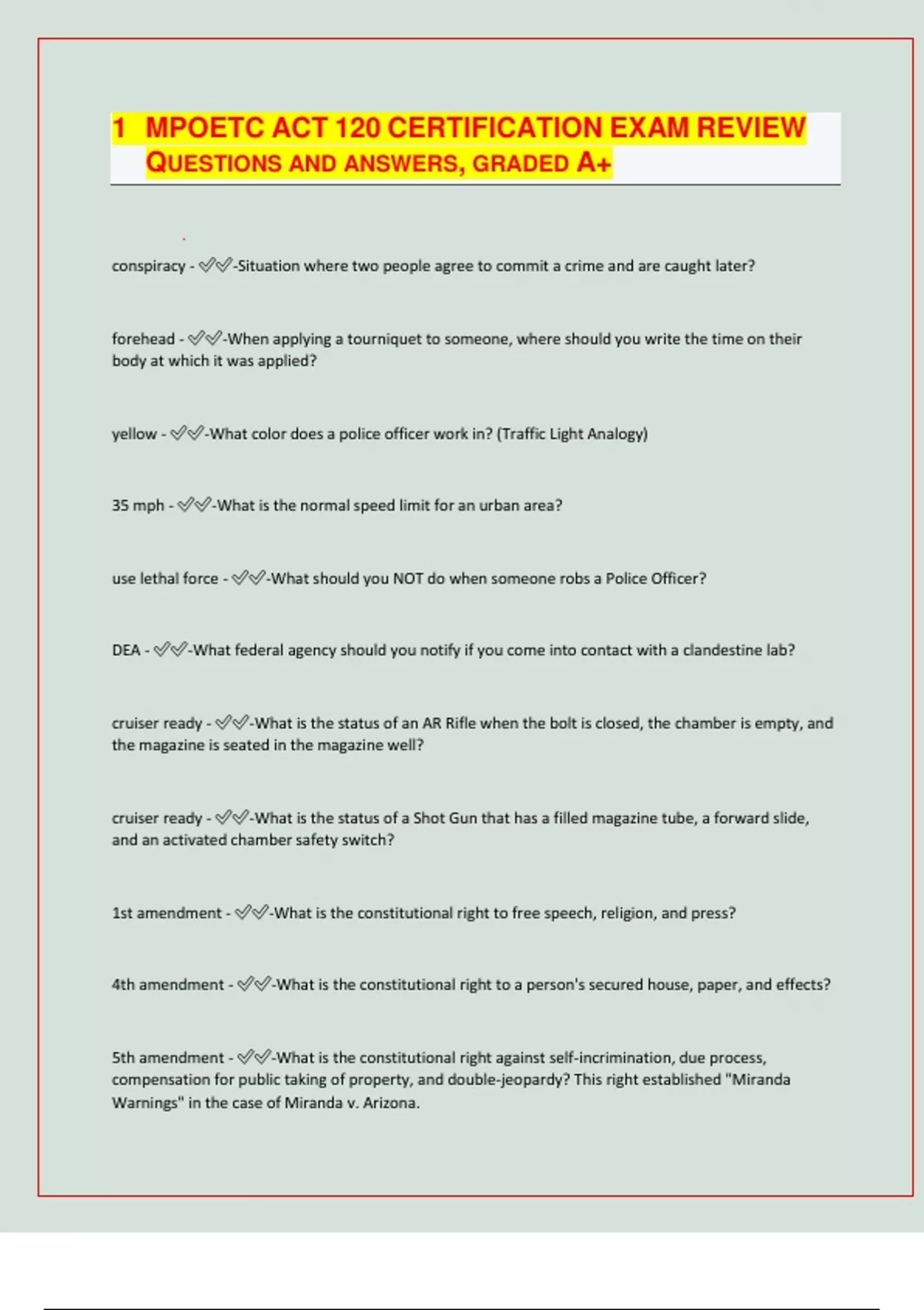 MPOETC ACT 120 CERTIFICATION EXAM REVIEW QUESTIONS AND ANSWERS, GRADED ...