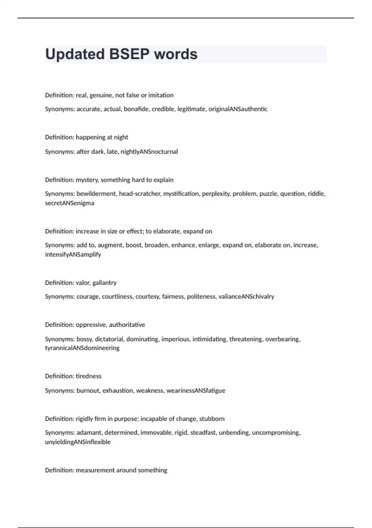 Updated BSEP words Exam Study Questions With Revised Answers 2024 ...