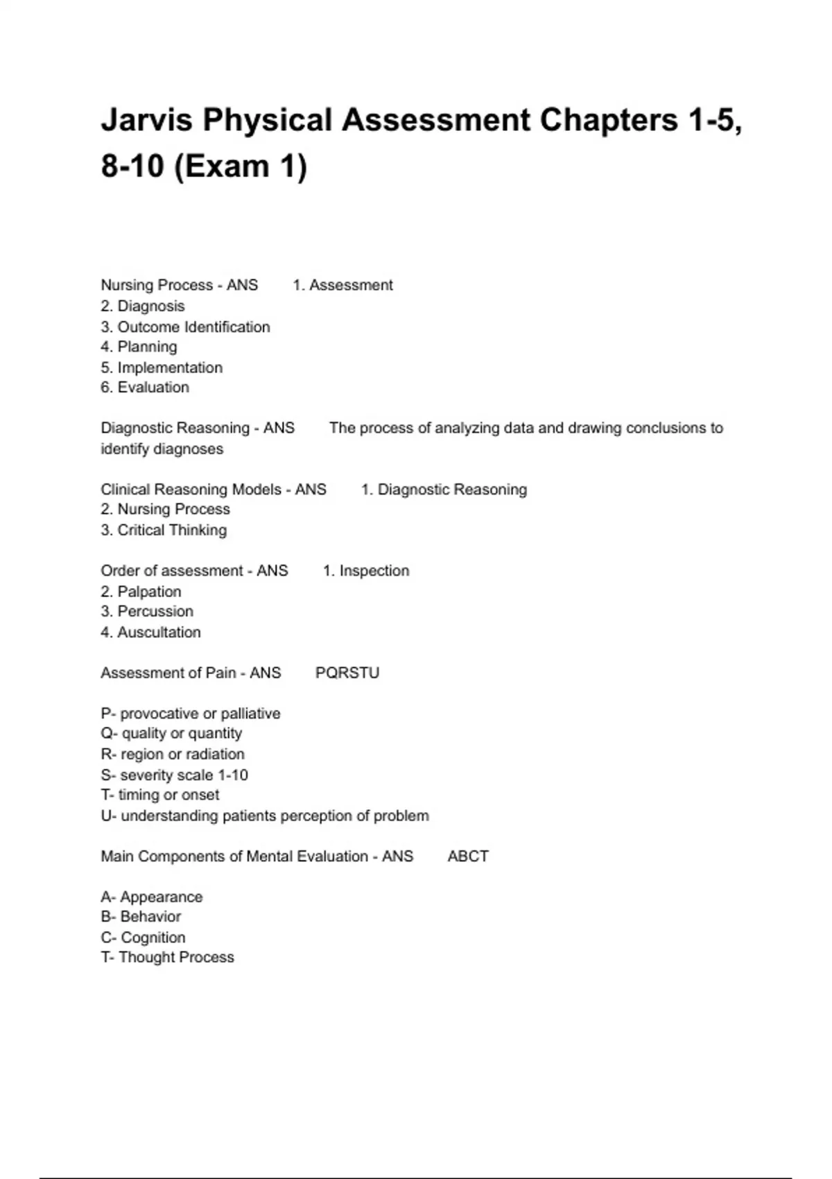 Jarvis Physical Assessment Chapters 1-5, 8-10 (Exam 1) Questions And ...