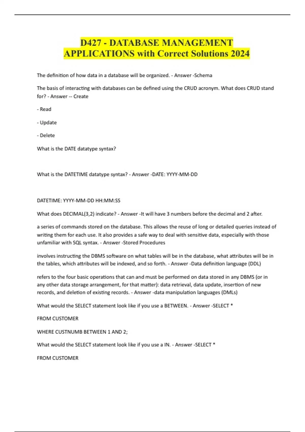 D427 - DATABASE MANAGEMENT APPLICATIONS with Correct Solutions 2024 ...