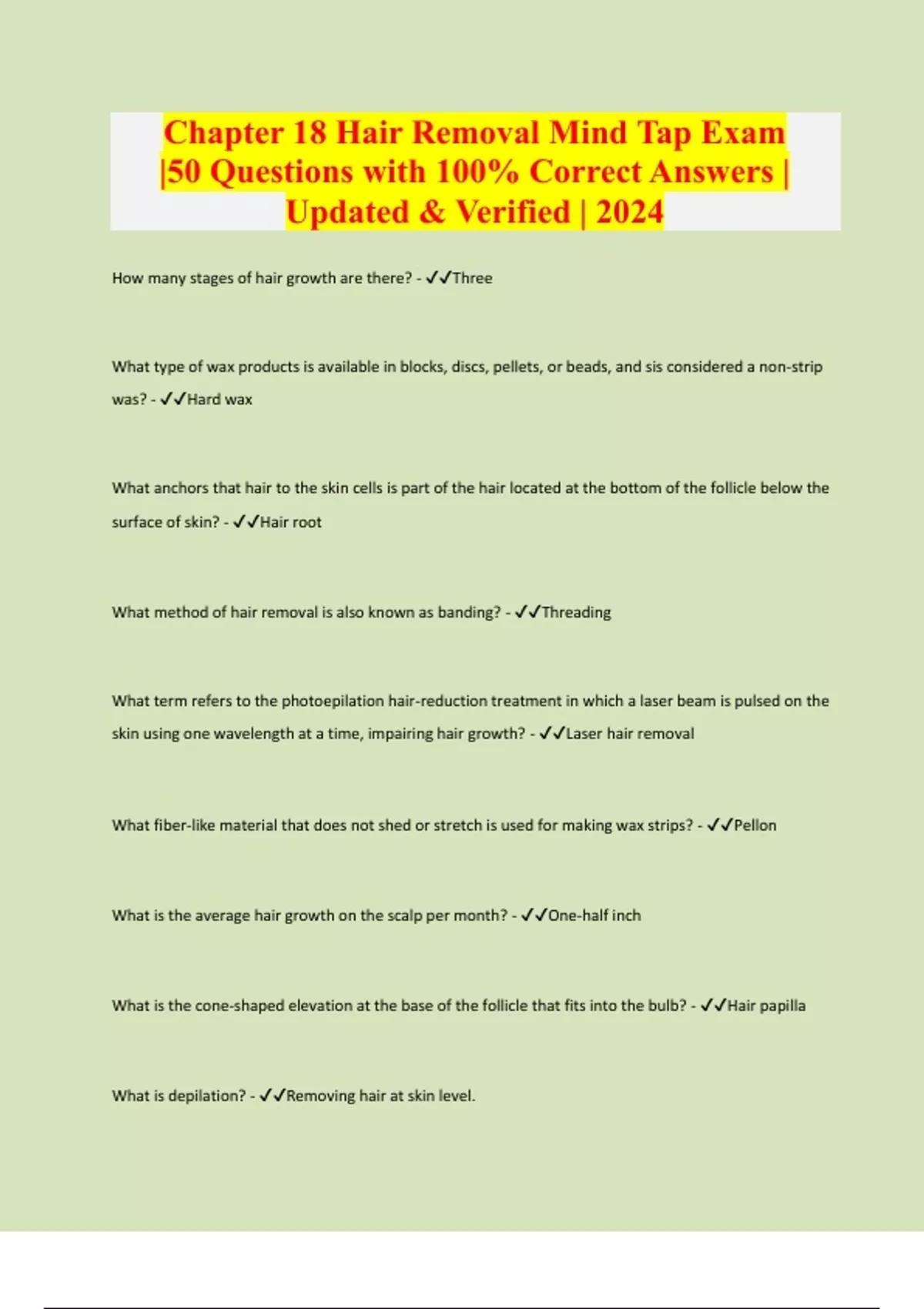 Chapter 18 Hair Removal Mind Tap Exam |50 Questions with 100% Correct ...