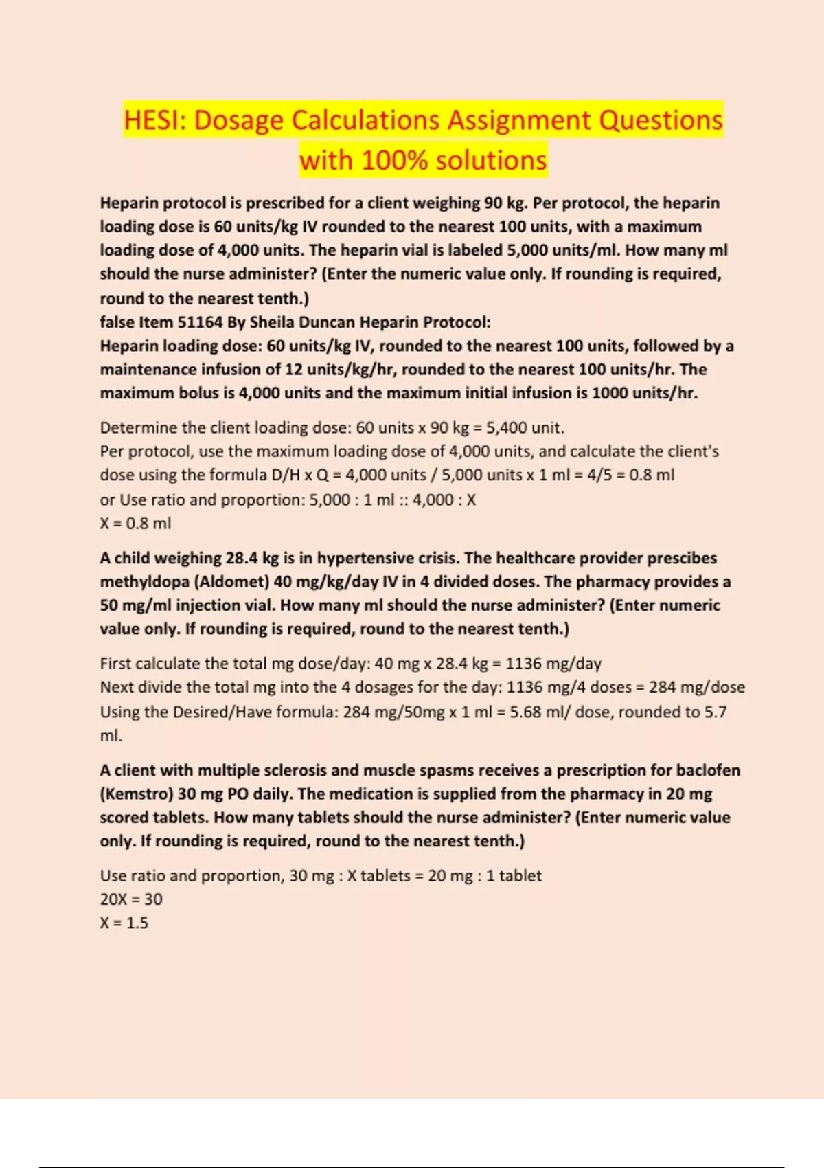 HESI: Dosage Calculations Assignment Questions with 100% solutions ...