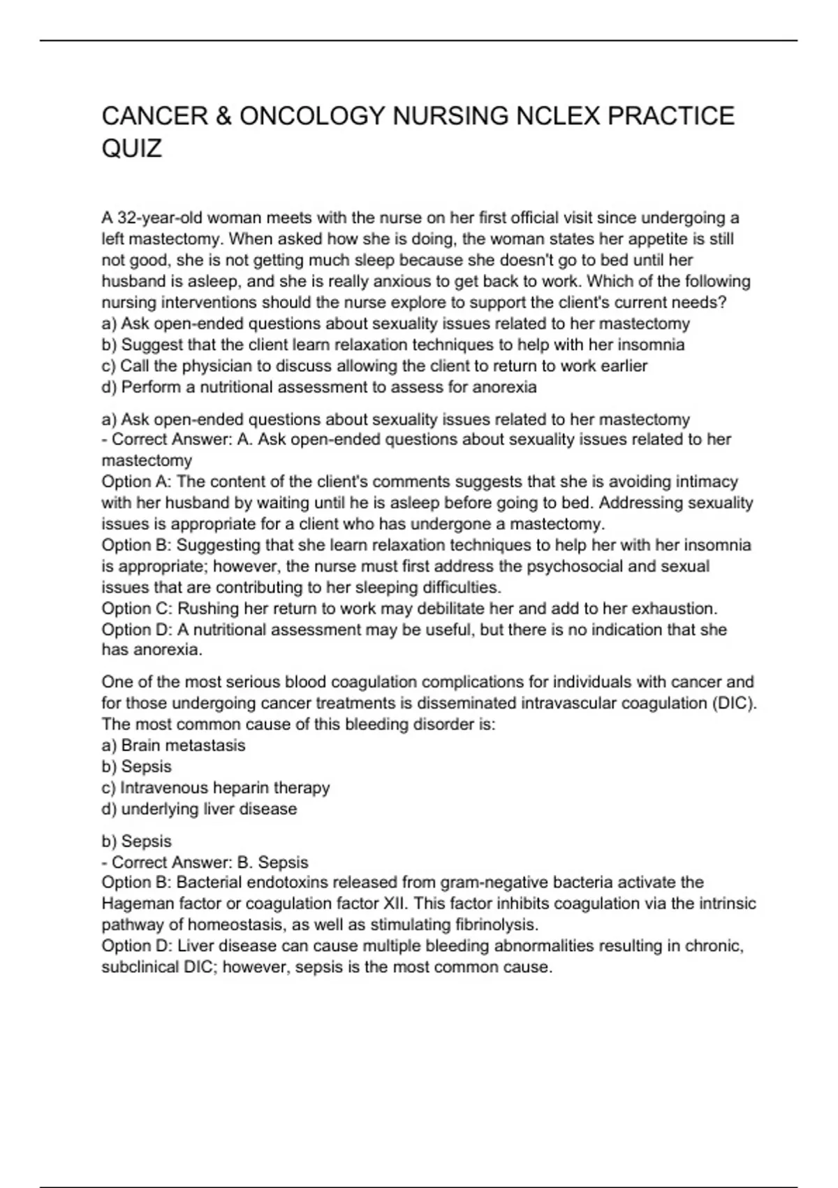 CANCER & ONCOLOGY NURSING NCLEX PRACTICE QUIZ - CANCER & ONCOLOGY ...