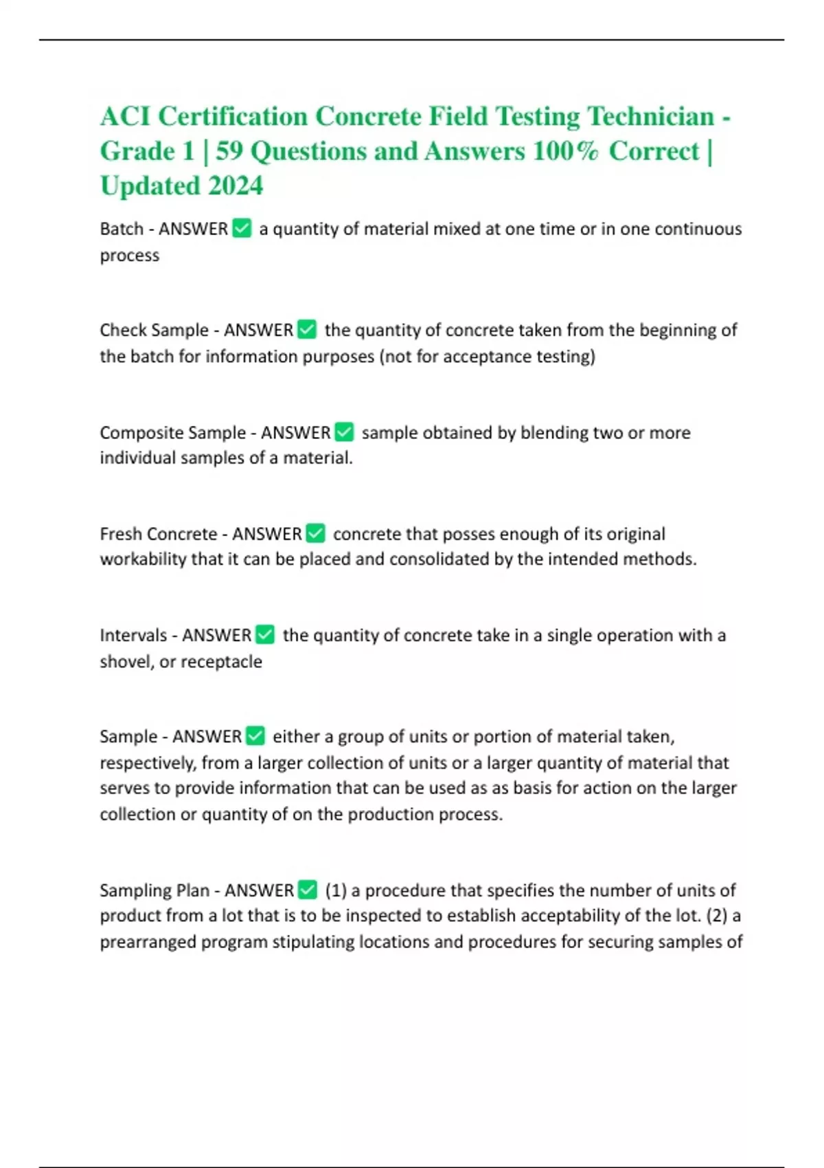 ACI Sampling Freshly Mixed Concrete Questions and Answers 100% Correct ...