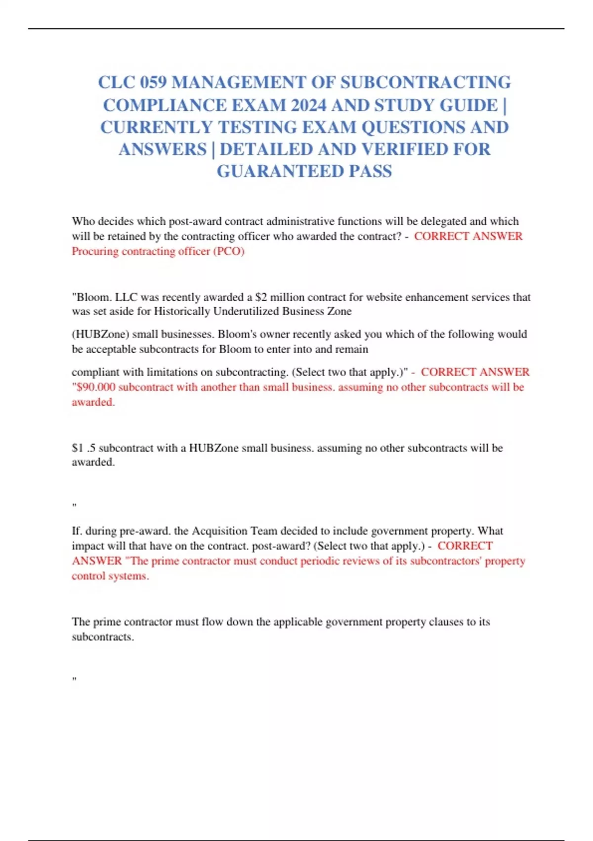 CLC 059 MANAGEMENT OF SUBCONTRACTING COMPLIANCE EXAM 2024 AND STUDY ...
