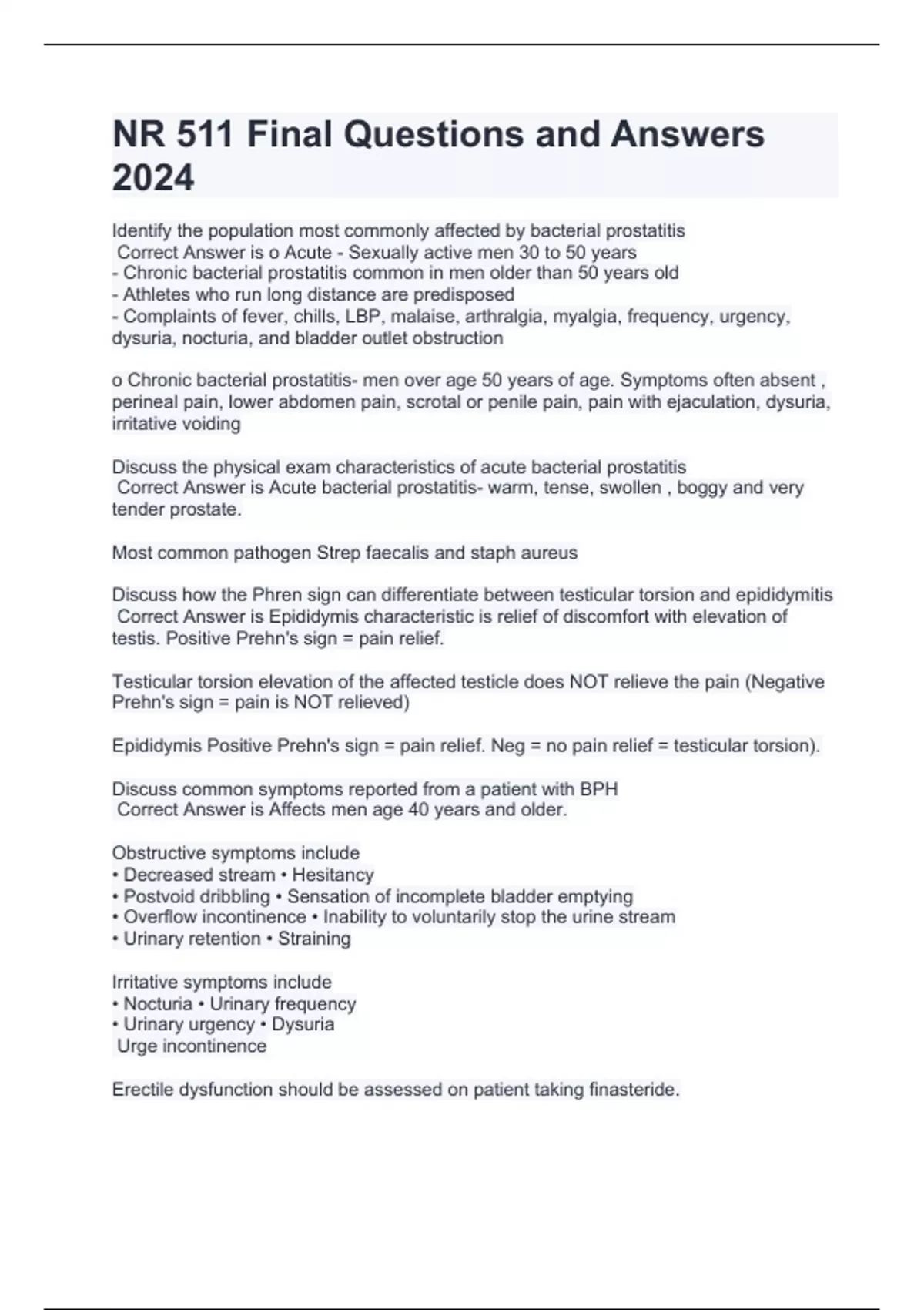 NR 511 Final Questions and Answers 2024 - Nursing - Stuvia US