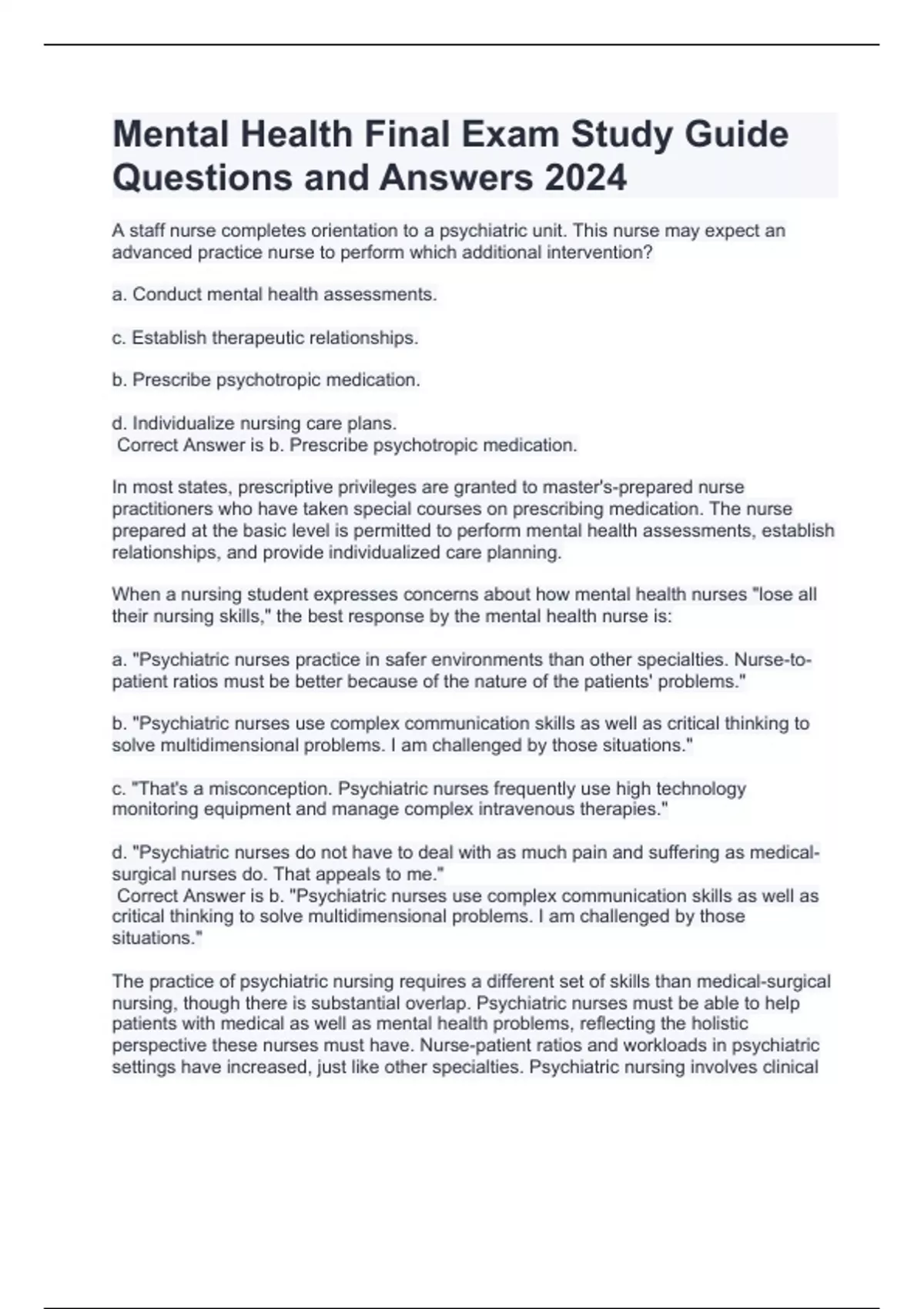 Mental Health Final Exam Study Guide Questions and Answers 2024 ...