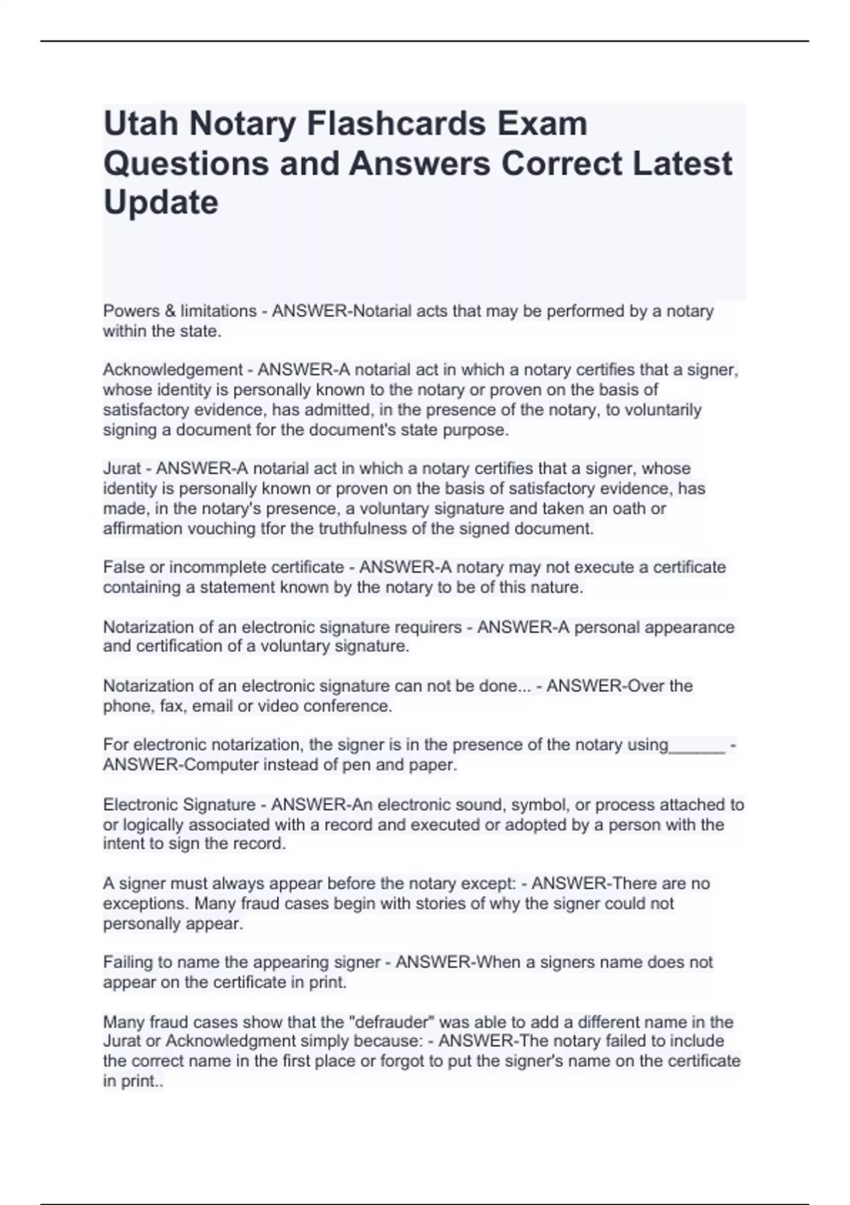 Utah Notary Flashcards Exam Questions and Answers Correct Latest Update ...