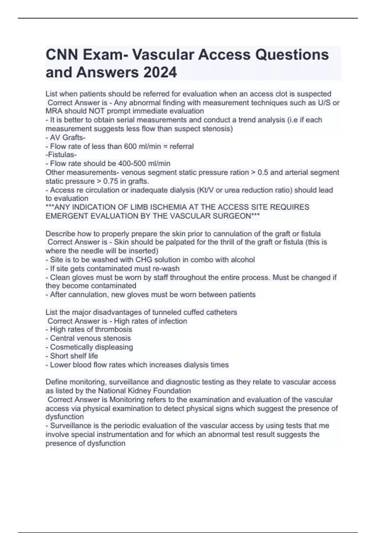 CNN Exam- Vascular Access Questions and Answers 2024 - Nursing - Stuvia US