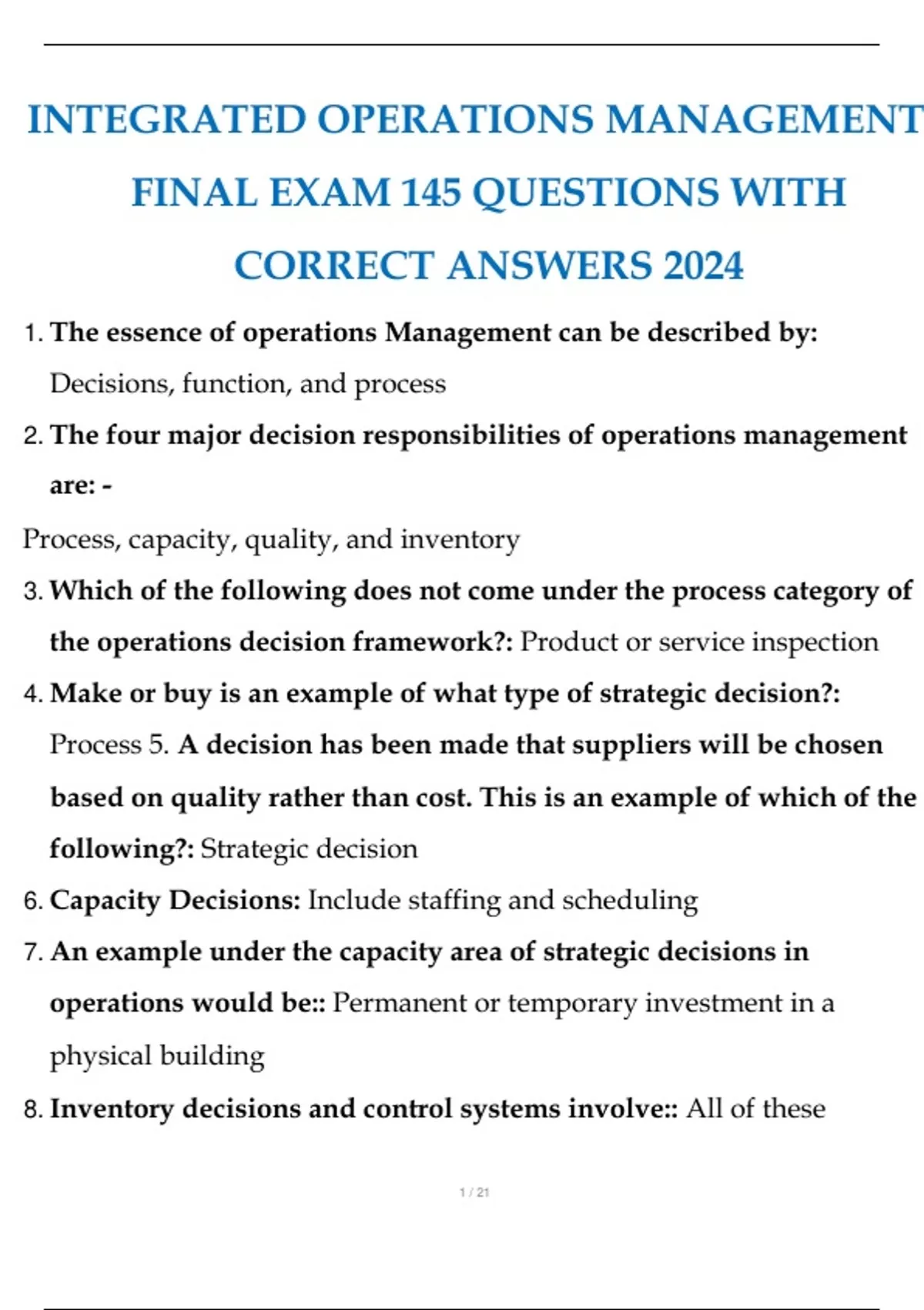 INTEGRATED OPERATIONS MANAGEMENT FINAL EXAM 145 QUESTIONS WITH CORRECT ANSWERS 2024 - INTEGRATED ...
