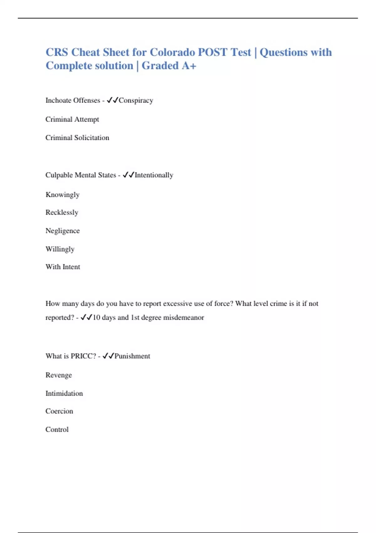 CRS Cheat Sheet for Colorado POST Test | Questions with Complete ...