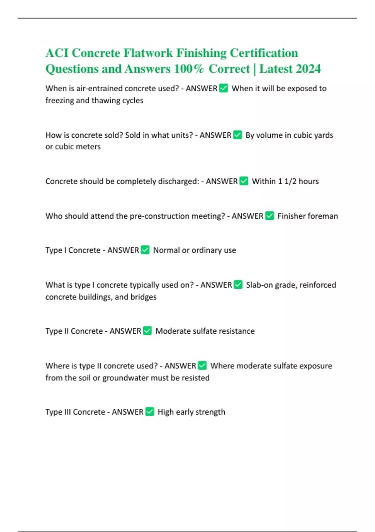 ACI Concrete Flatwork Finishing Certification Questions and Answers 100 ...