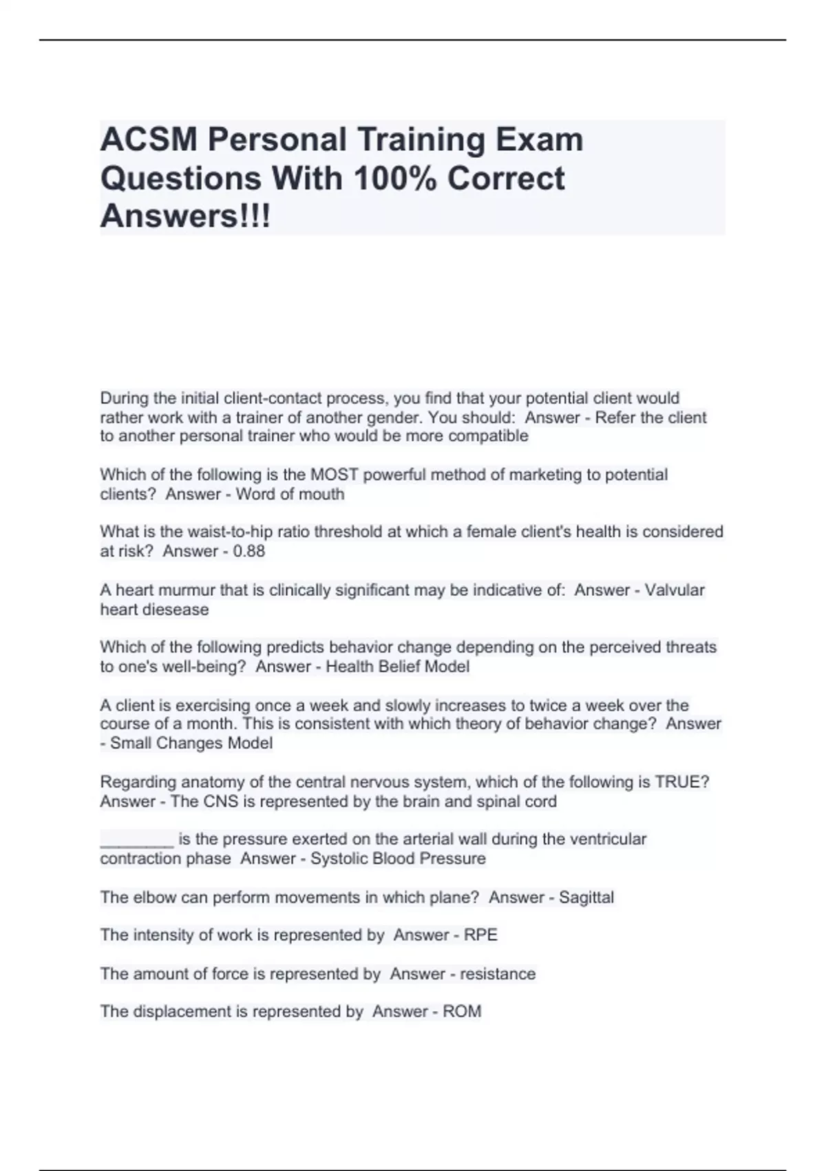 ACSM Personal Training Exam Questions With 100% Correct Answers ...