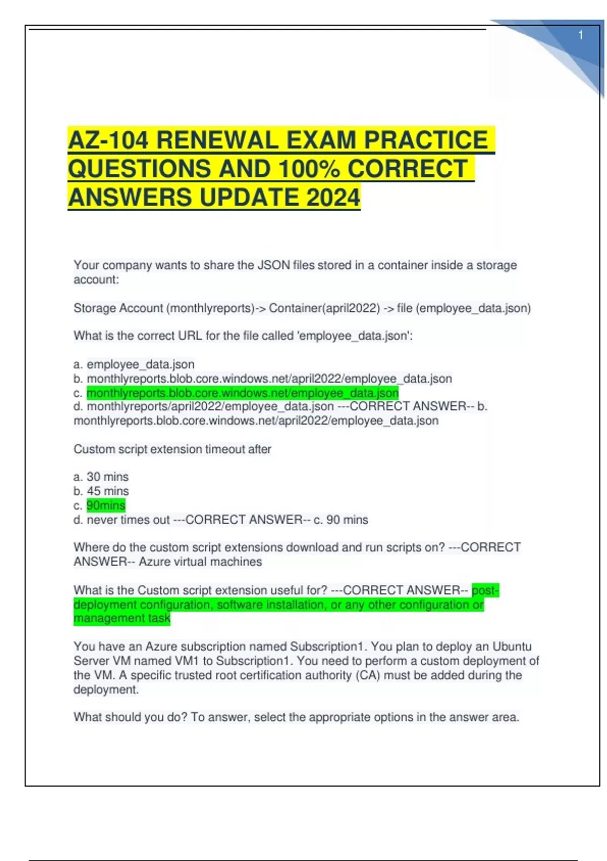 AZ-104 RENEWAL EXAM PRACTICE QUESTIONS AND 100% CORRECT ANSWERS UPDATE ...