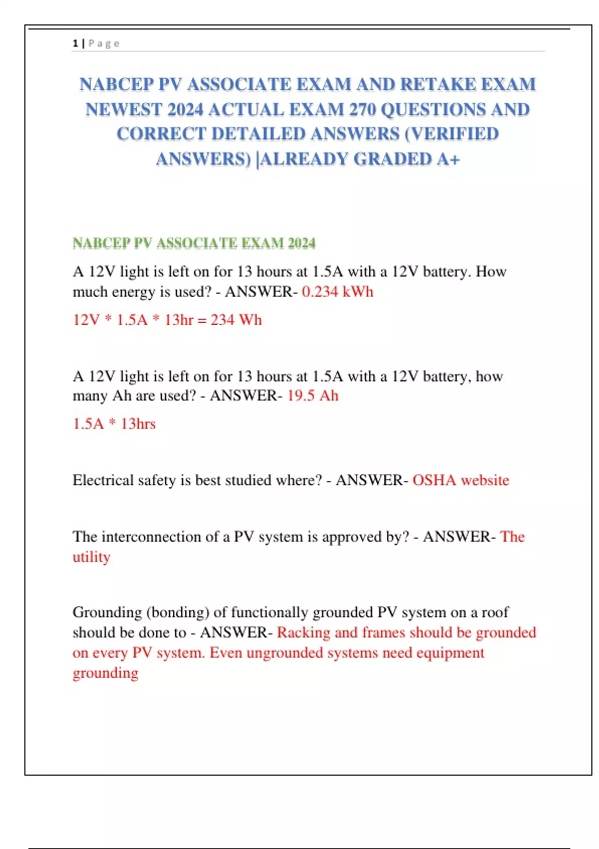 Nabcep Pv Associate Exam And Retake Exam Newest 2024 Actual Exam 270 Questions And Correct