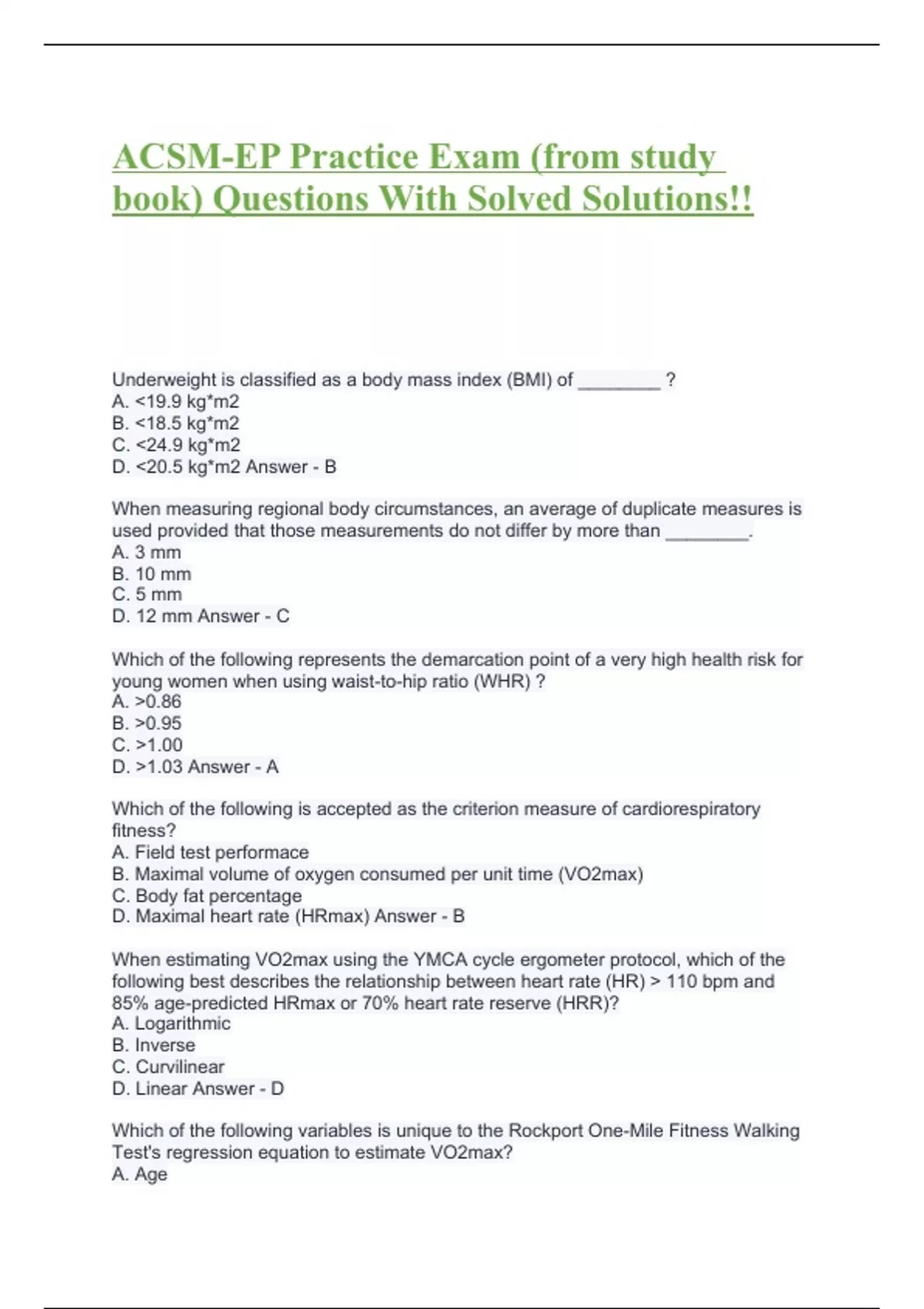 ACSM-EP Practice Exam (from study book) Questions With Solved Solutions ...