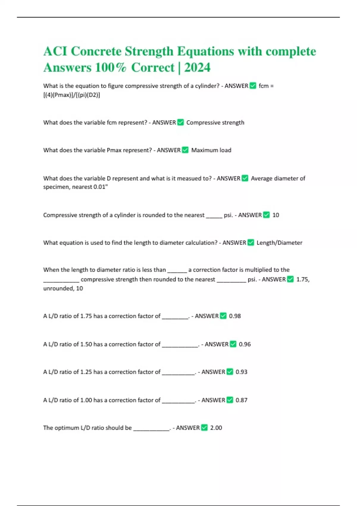 ACI Concrete Strength Equations with complete Answers 100% Correct ...