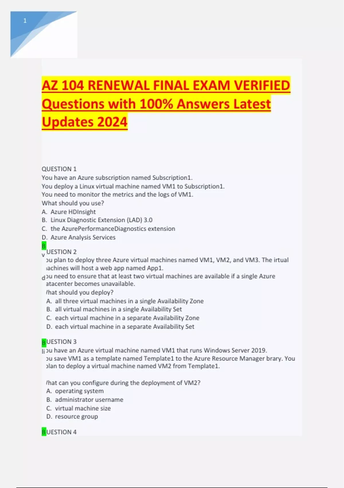 AZ 104 RENEWAL FINAL EXAM VERIFIED Questions with 100% Answers Latest ...