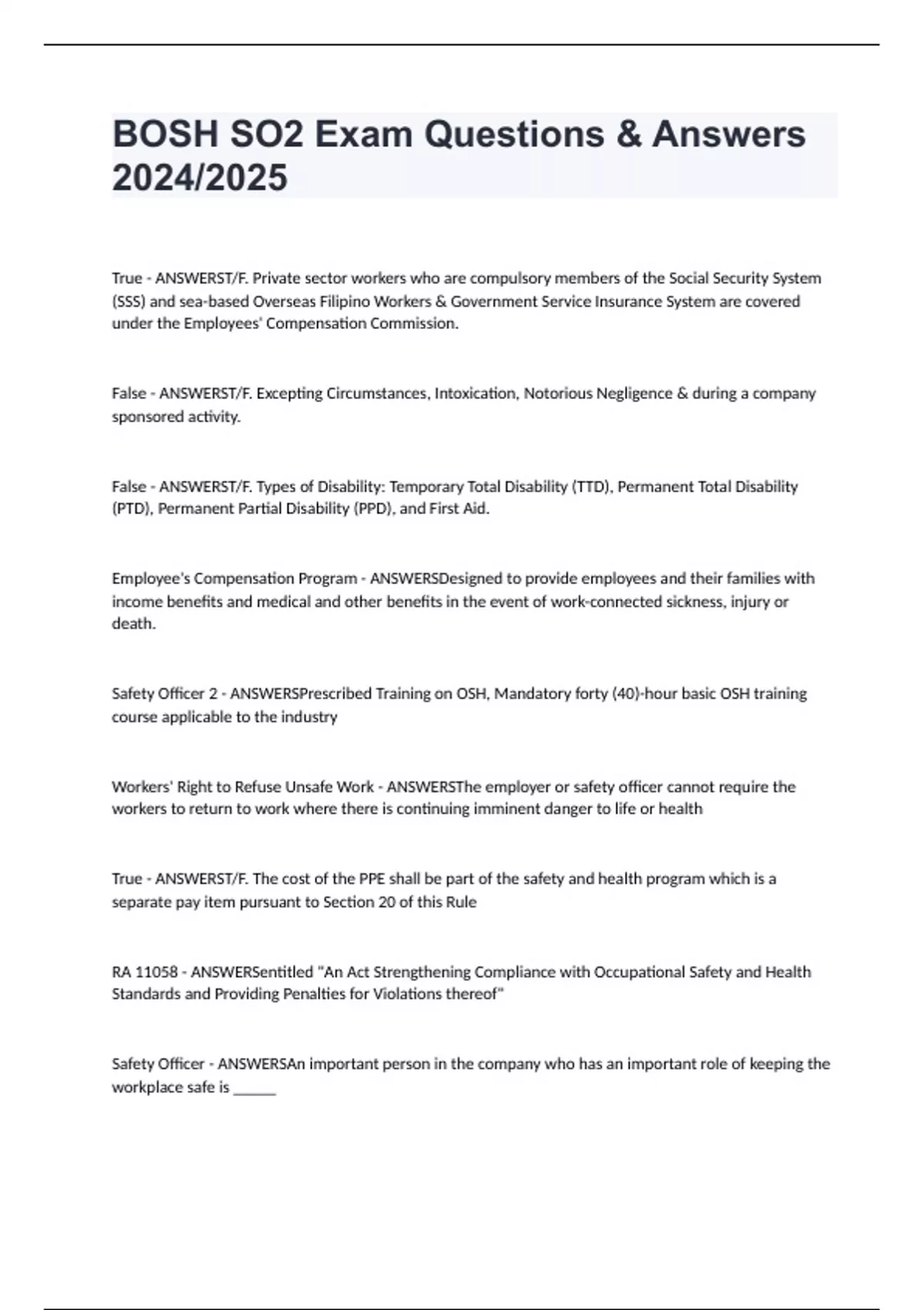 BOSH SO2 Exam Questions & Answers 2024/2025 - BOSH SO2 - Stuvia US