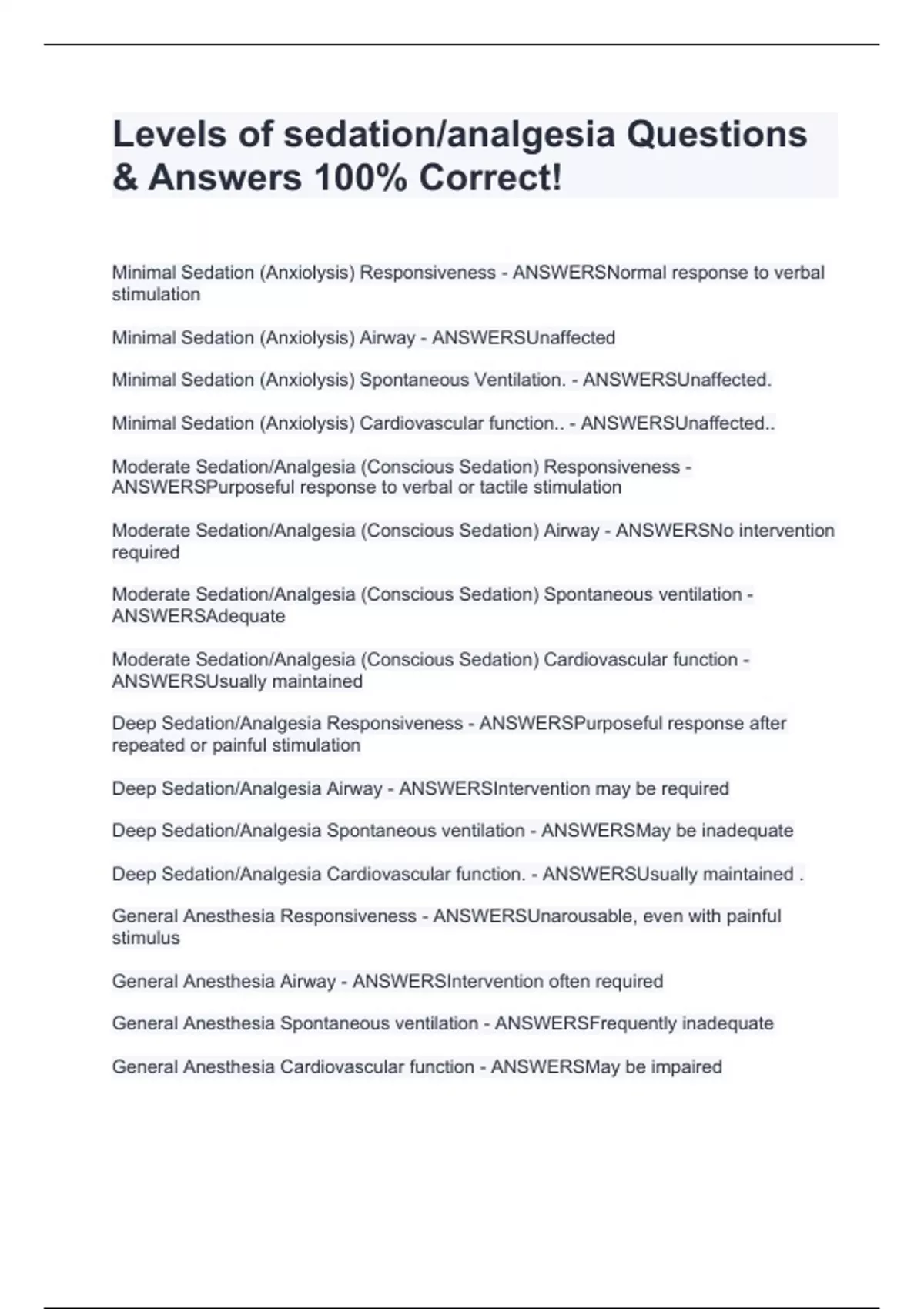 Levels of sedation/analgesia Questions & Answers 100% Correct! - Levels ...