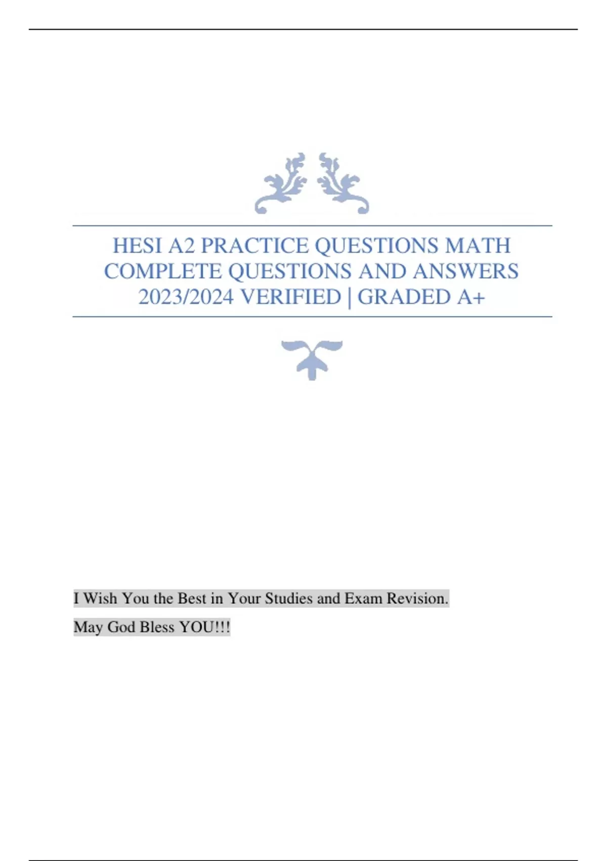 HESI A2 PRACTICE QUESTIONS MATH COMPLETE QUESTIONS AND ANSWERS 2023/ ...