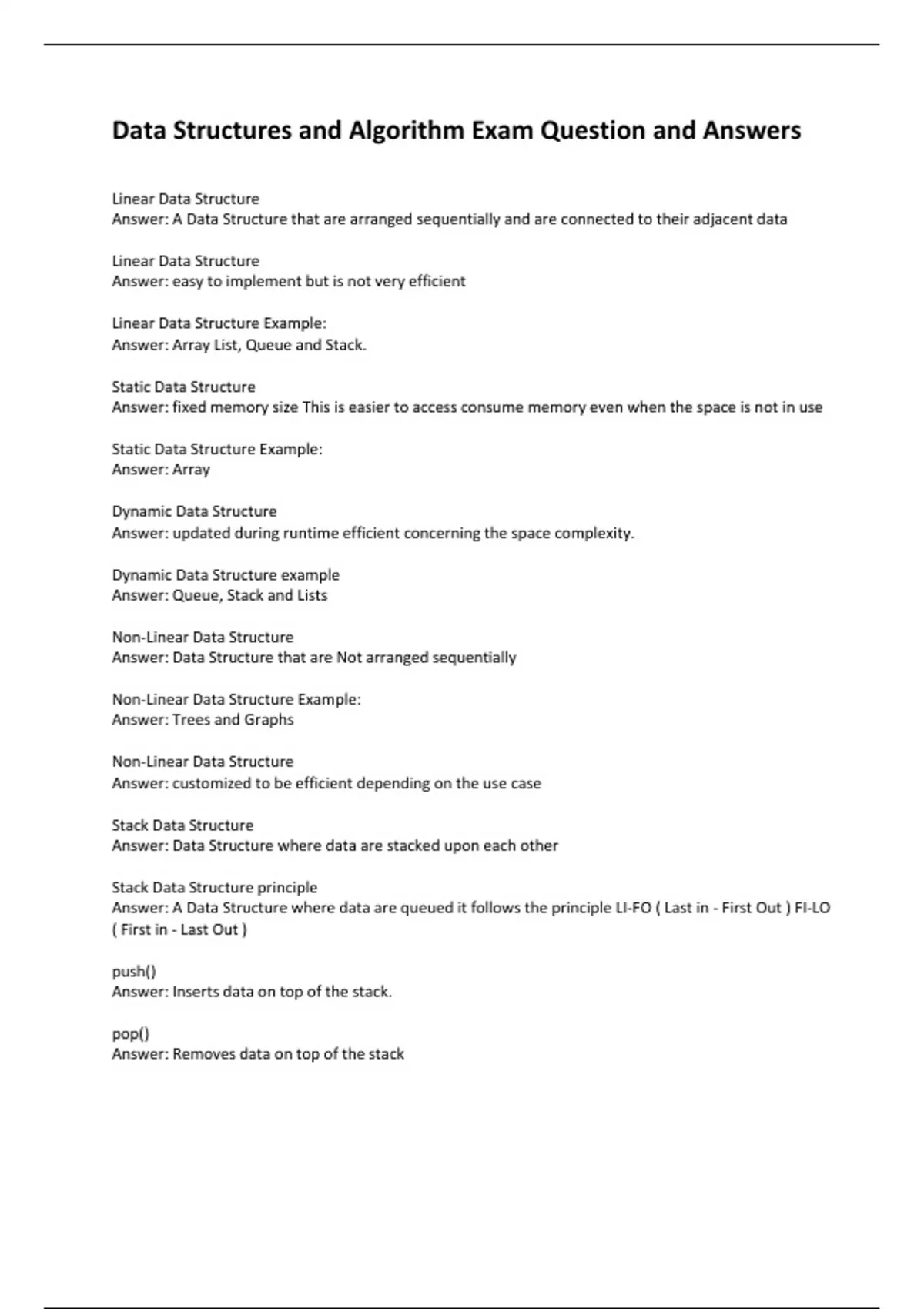 Data Structures and Algorithm Exam Question and Answers - Data ...