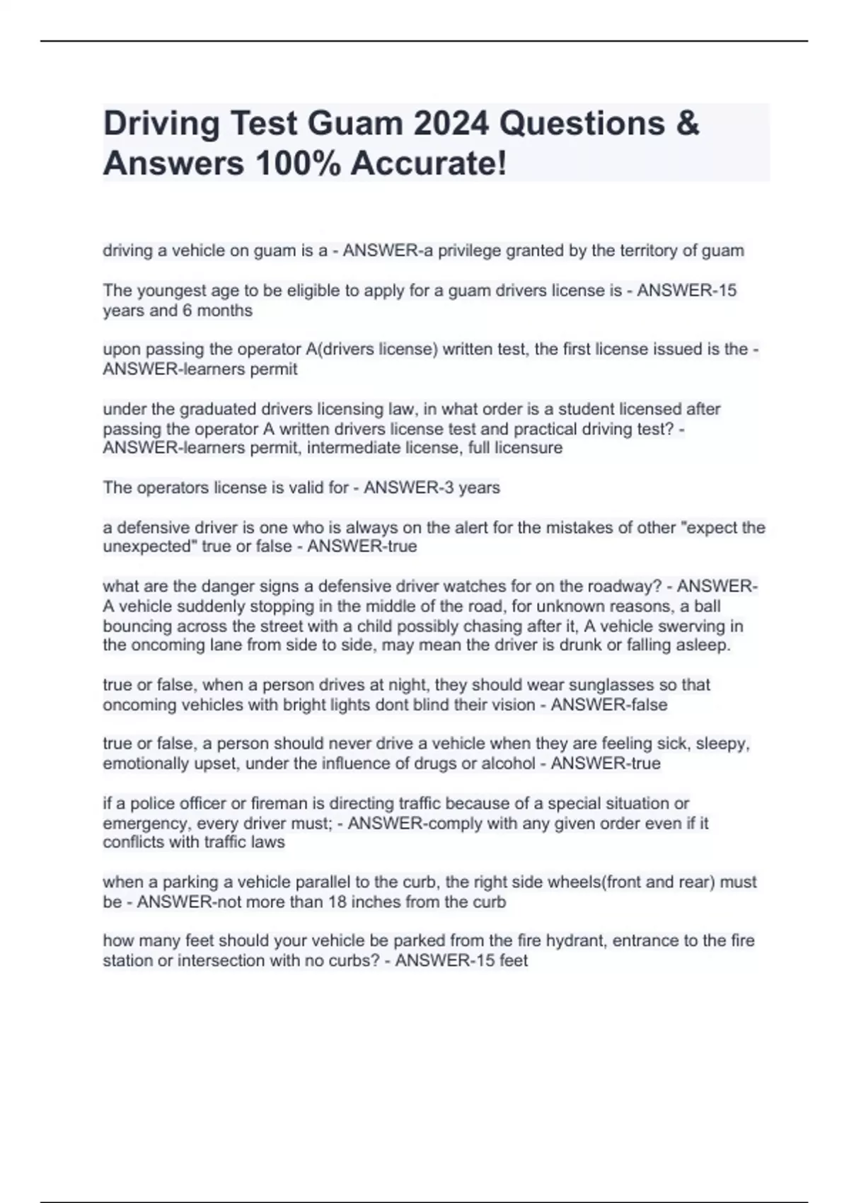 Driving Test Guam 2024 Questions & Answers 100% Accurate! - Driving ...