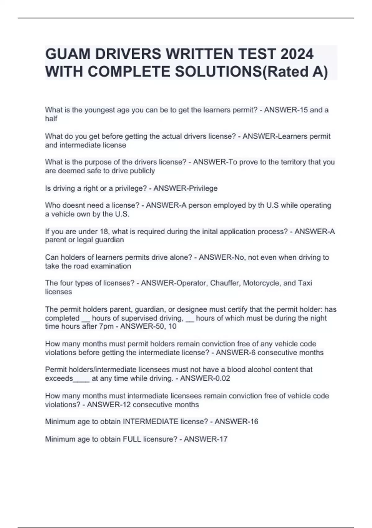 GUAM DRIVERS WRITTEN TEST 2024 WITH COMPLETE SOLUTIONS(Rated A) - GUAM ...