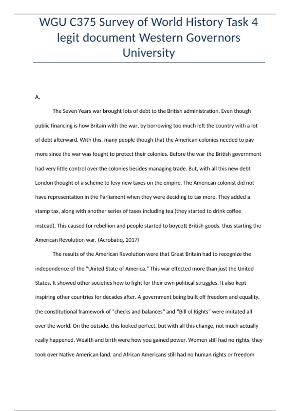 WGU C375 Survey of World History Task 4 legit document Western ...