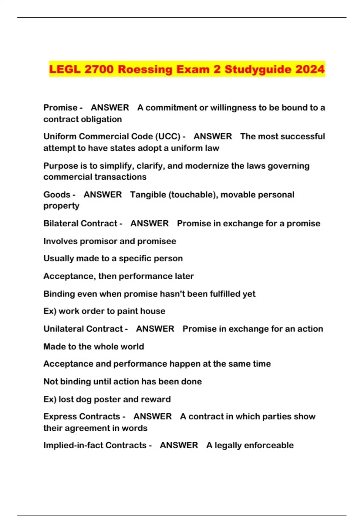 LEGL 2700 Roessing Exam 2 Studyguide 2024 - LEGL 2700 Roessing - Stuvia US