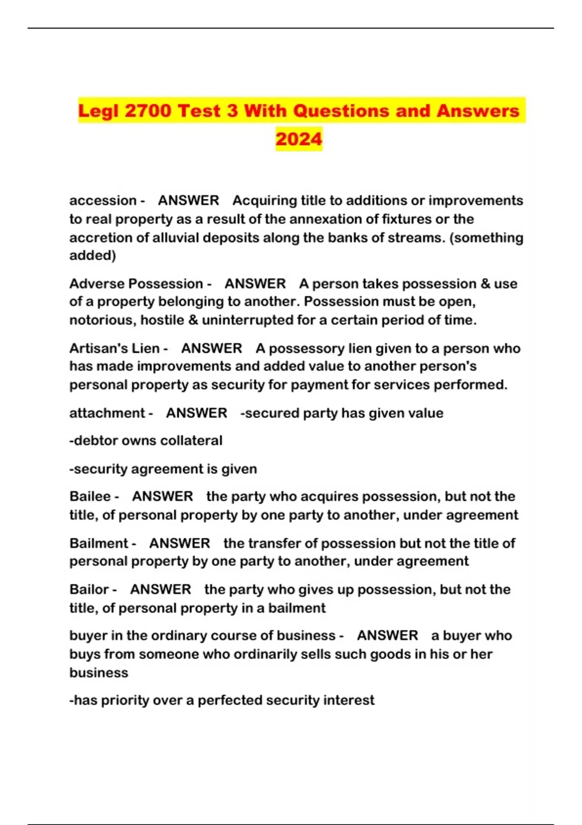 Legl 2700 Test 3 With Questions and Answers 2024 - Legl 2700 - Stuvia US